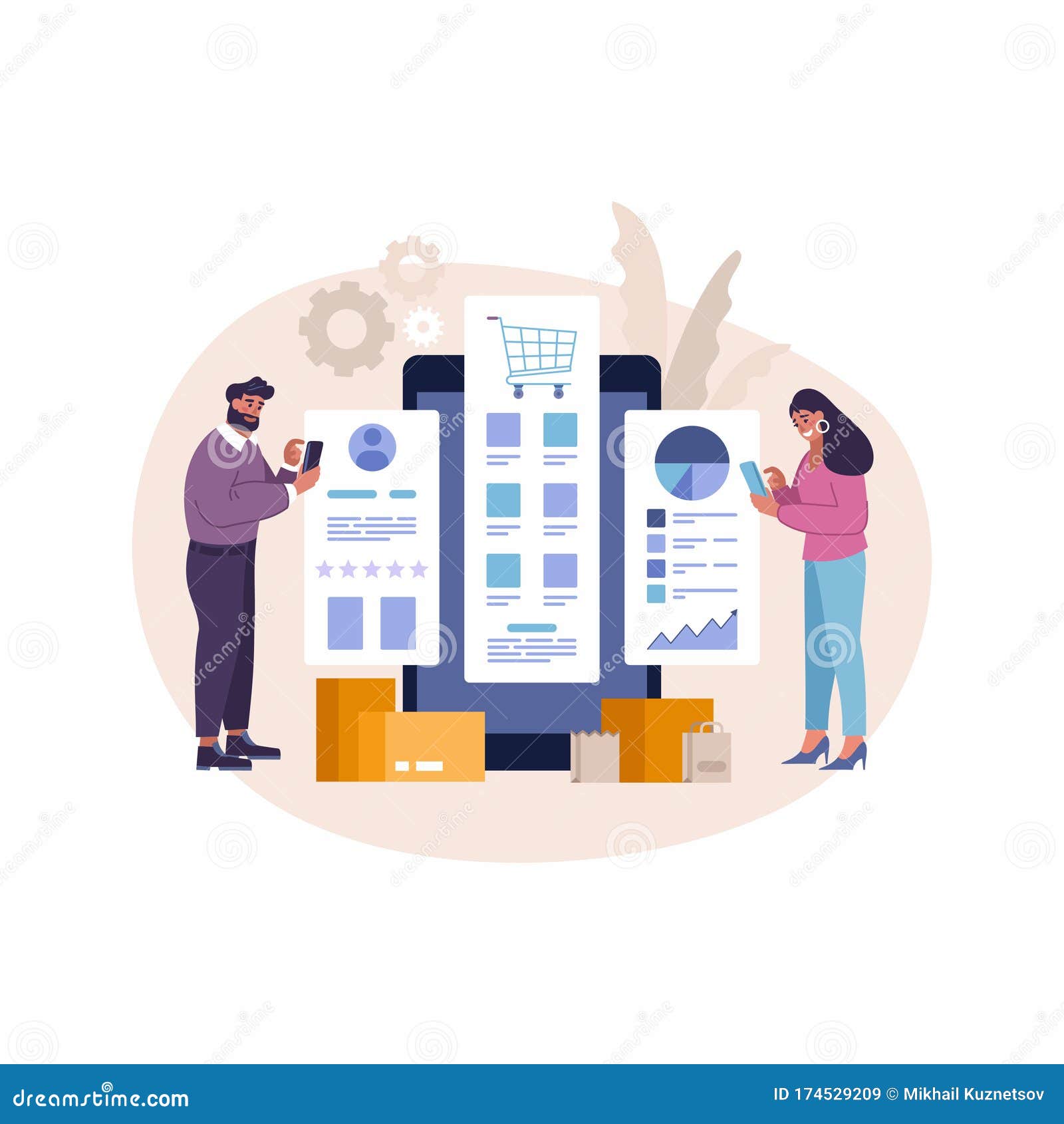 Flat Design Concept People Interactive Working Analyzing Statistics And ...