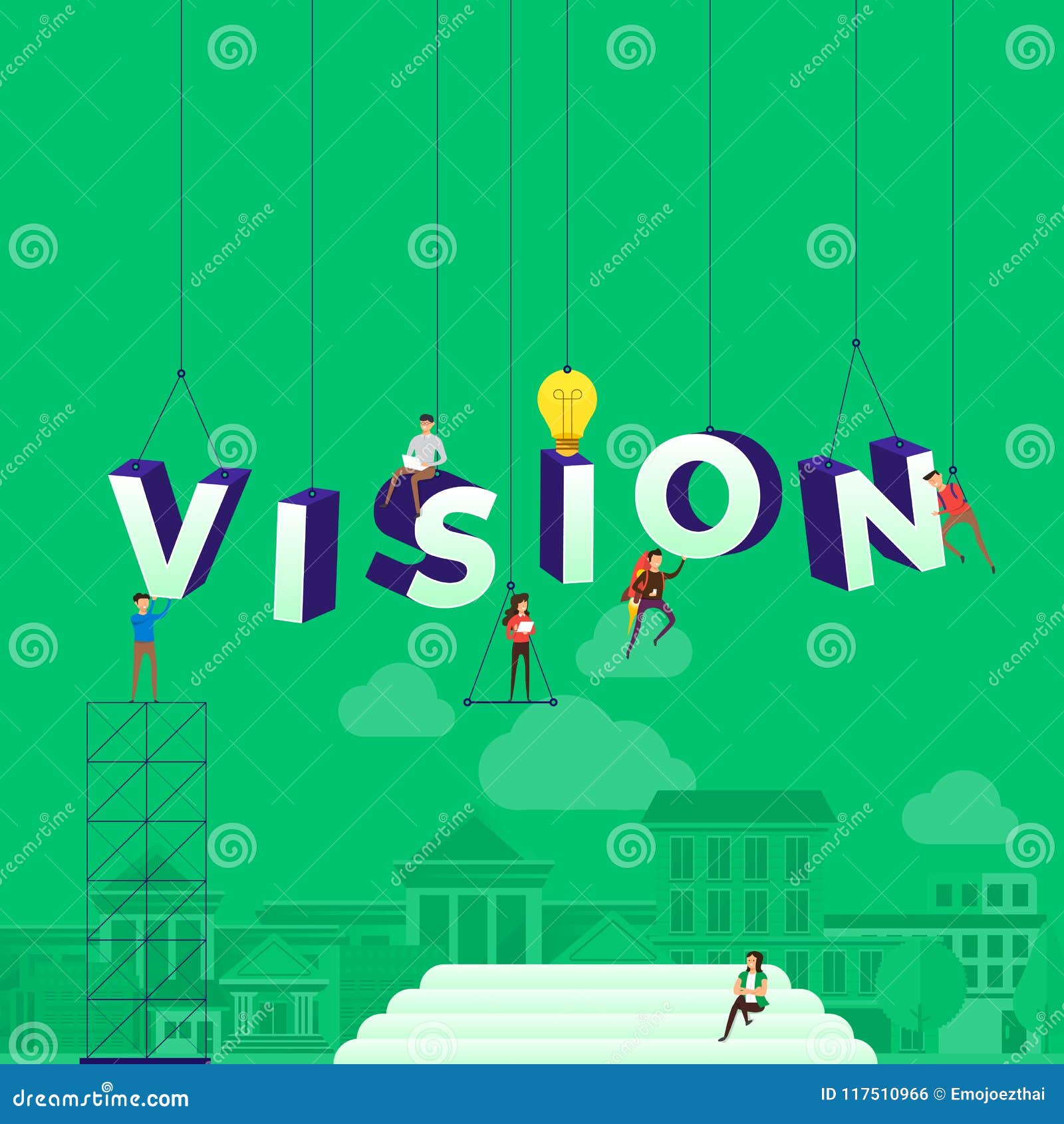 Flat Design Concept People Working for Building Text VISION. Vector ...