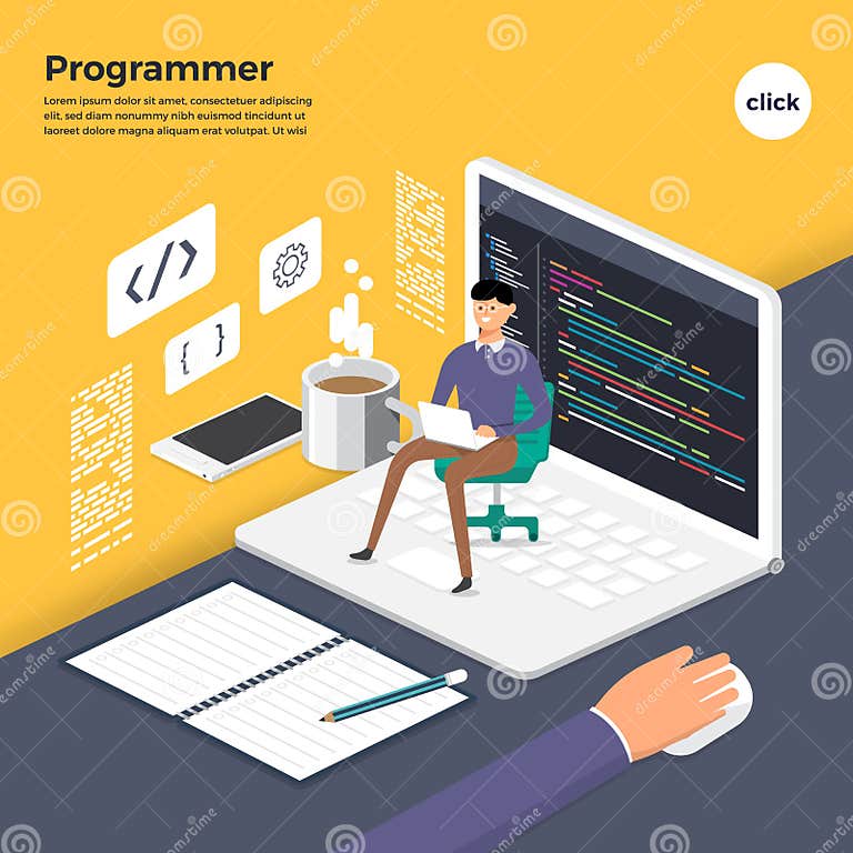 Flat Design Concept Programmer Coding Program. Vector Illustrate Stock ...