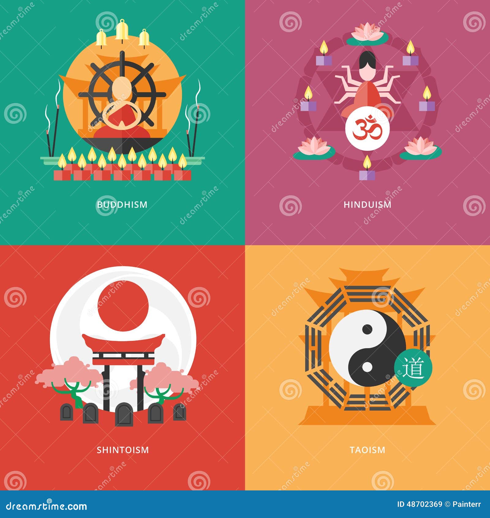 Flat Design Concepts for Buddhism, Hinduism, Shintoism, Taoism. Stock ... Flat Design Concepts for Buddhism, Hinduism, Shintoism, Taoism. Stock ...