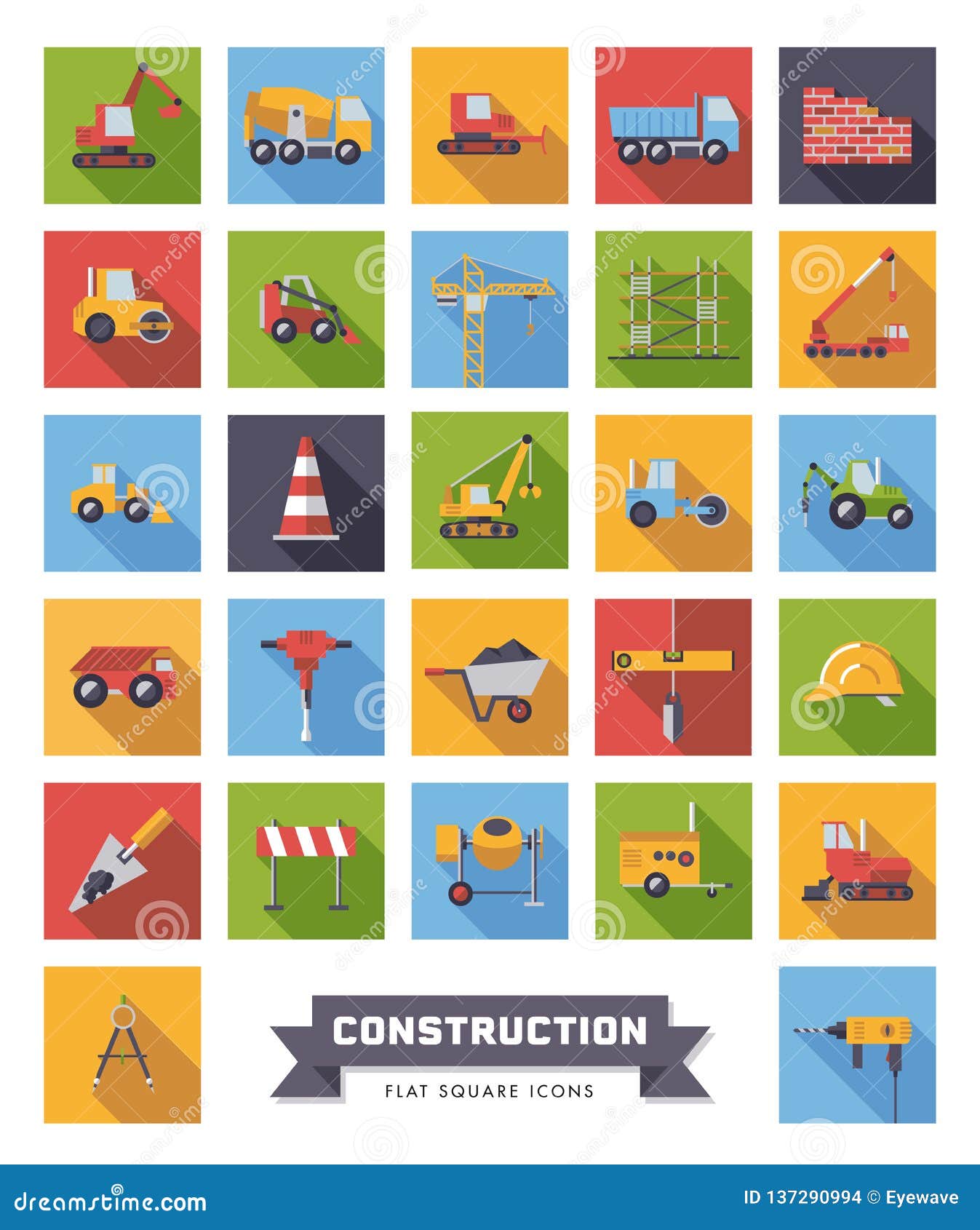 Flat Design Construction Industry Square Icons Set Stock Vector ...