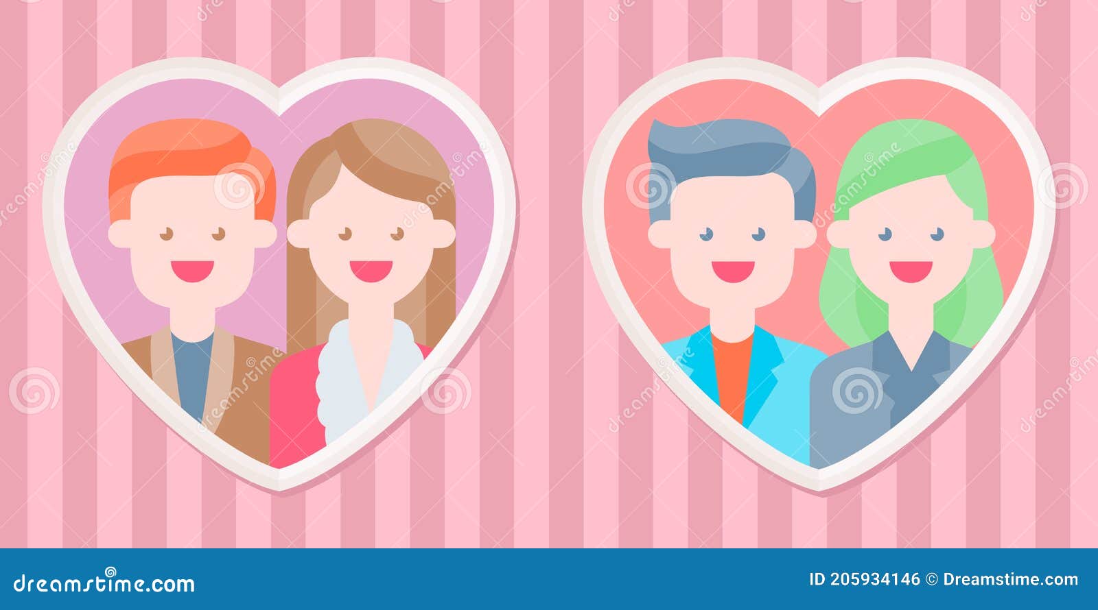 Flat Design of Couple Portraits in Heart Shaped Frames Stock ...