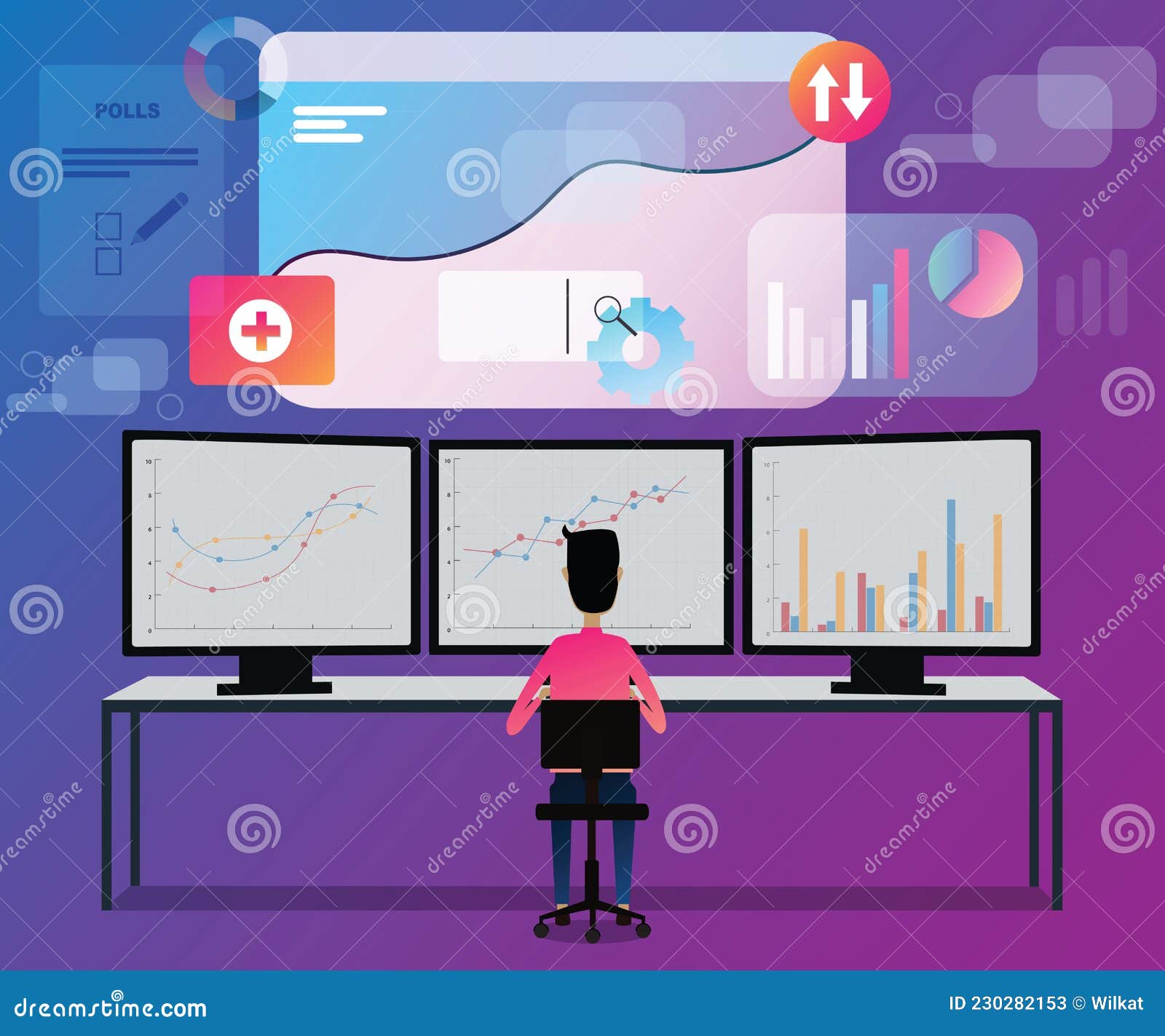 Flat Design of Data Analysis Concept,a Man Sitting in Front of Computer ...