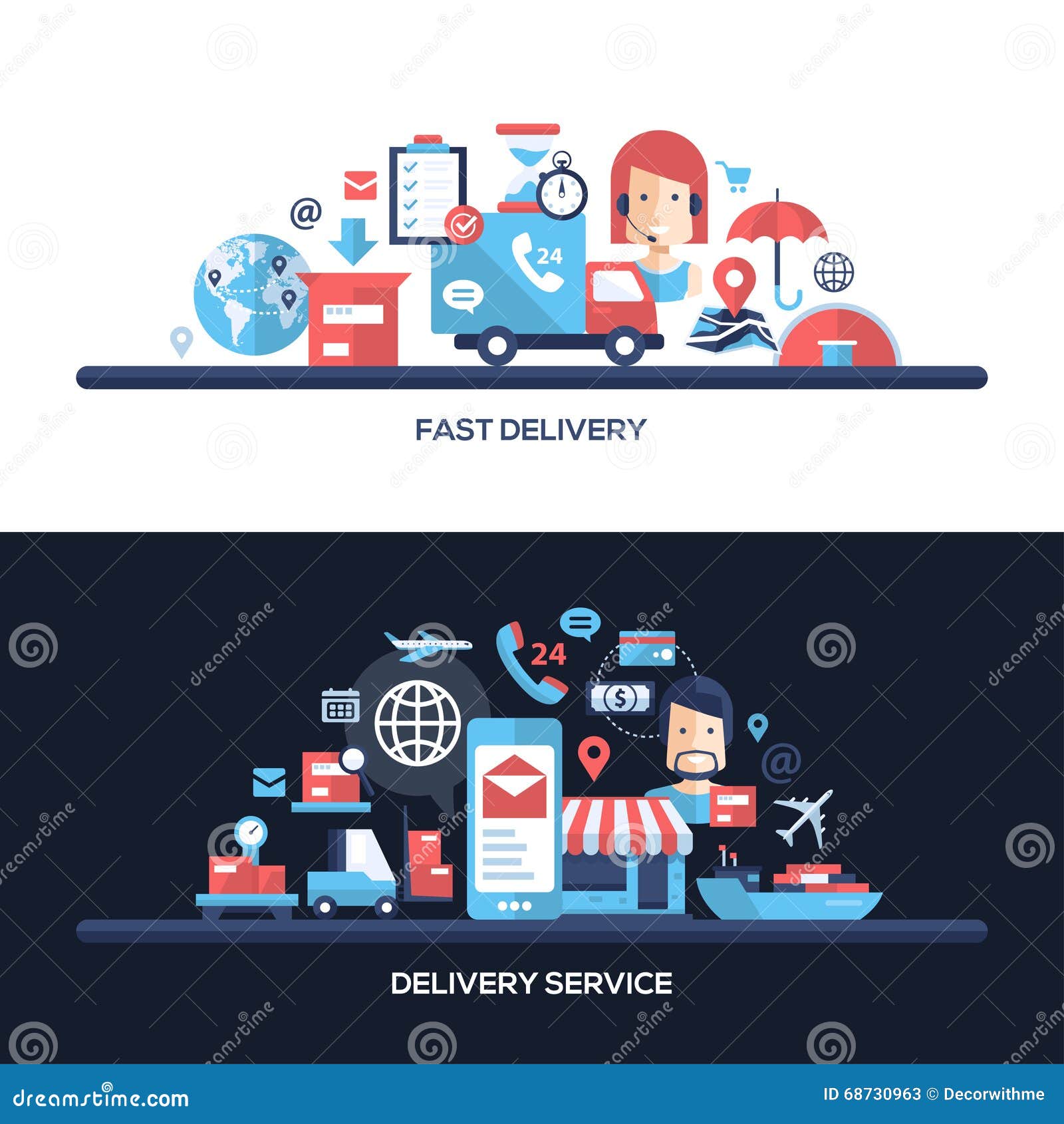 Flat Design Delivery Service Website Headers Banners Set Stock Vector ...