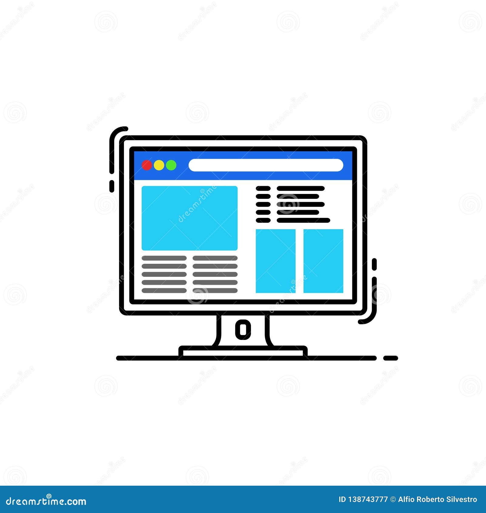 Vector Icon, Flat Design of a Desktop Computer with Web Page on the ...