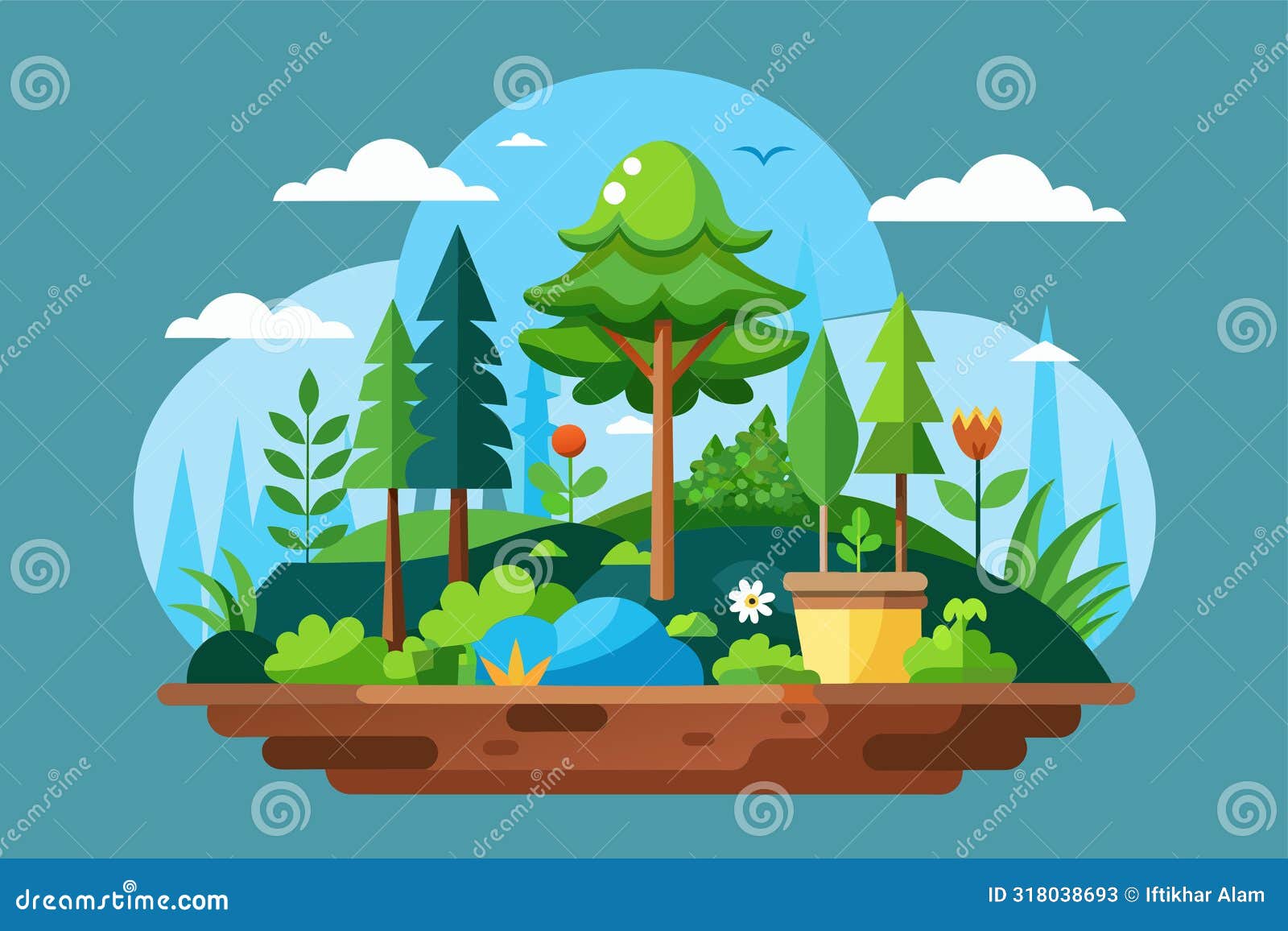 Flat Design of a Forest Filled with Various Trees and Plants in a ...