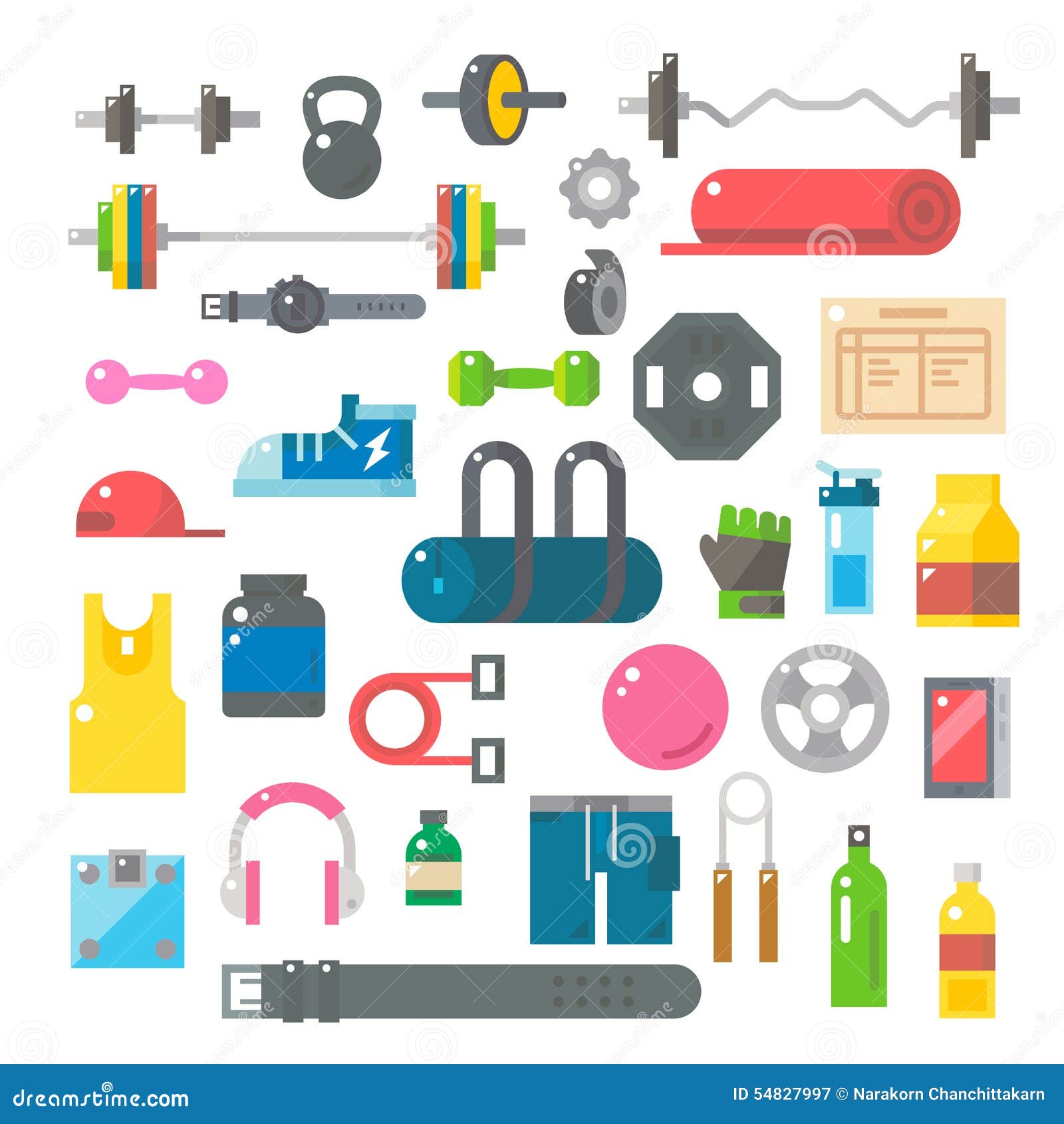 Flat Design of Gym Items Set Stock Vector - Illustration of ...