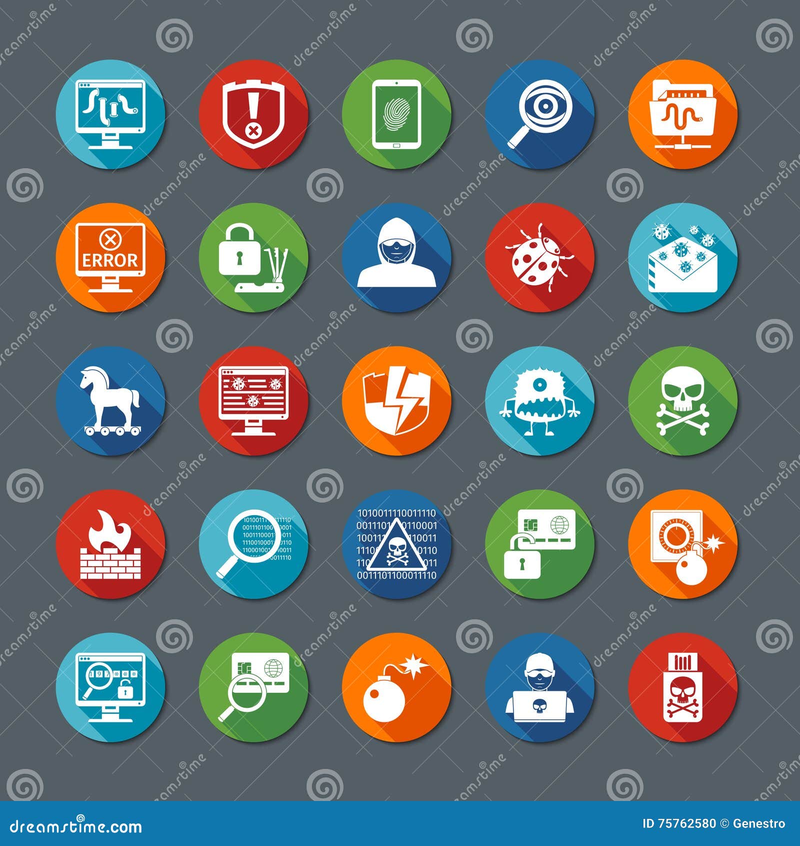 Flat Design Hacker Long Shadow Icons Stock Illustration - Illustration ...