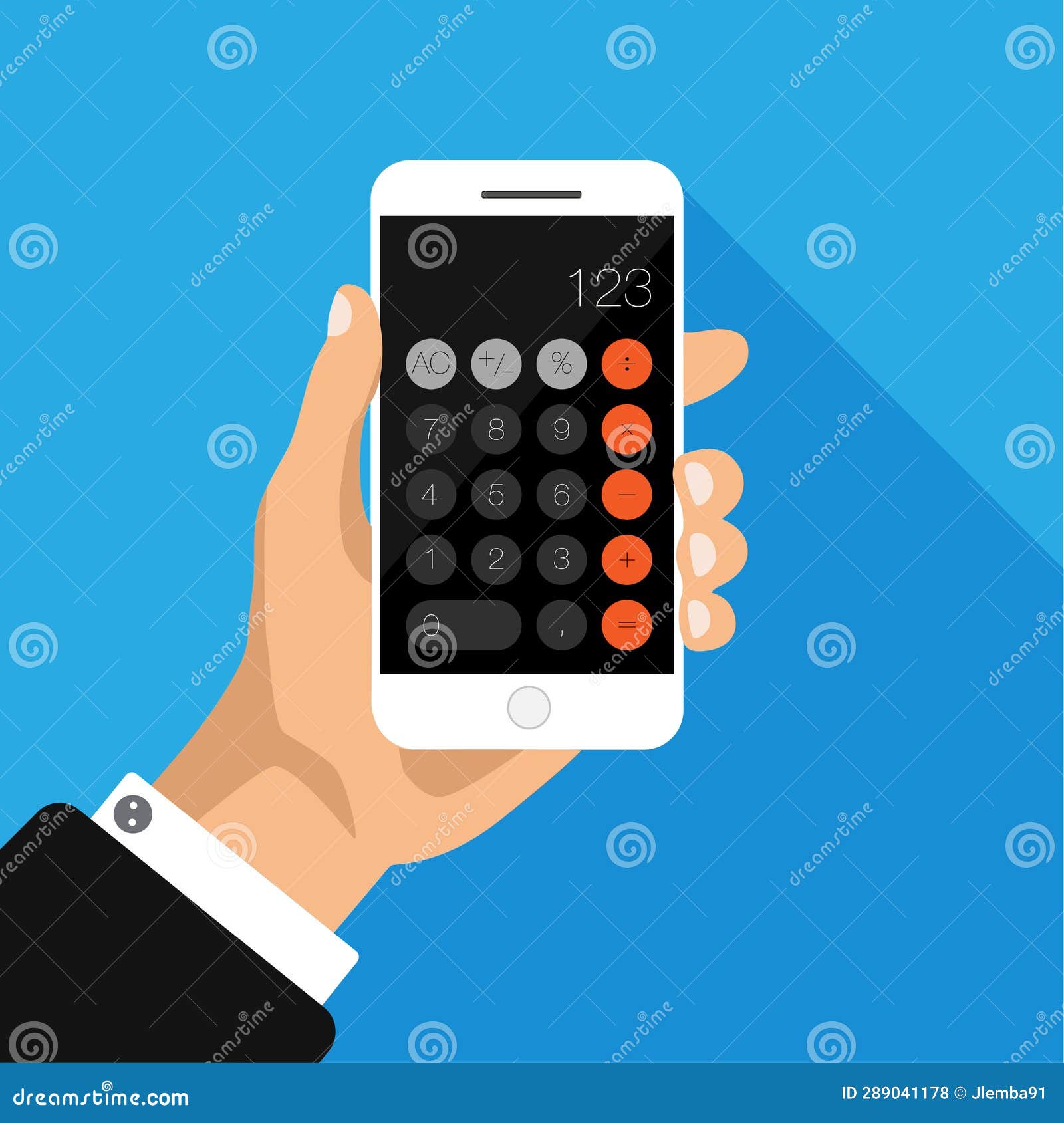 Flat Design Of Hand Holding Phone With Calculator App On Screen Stock