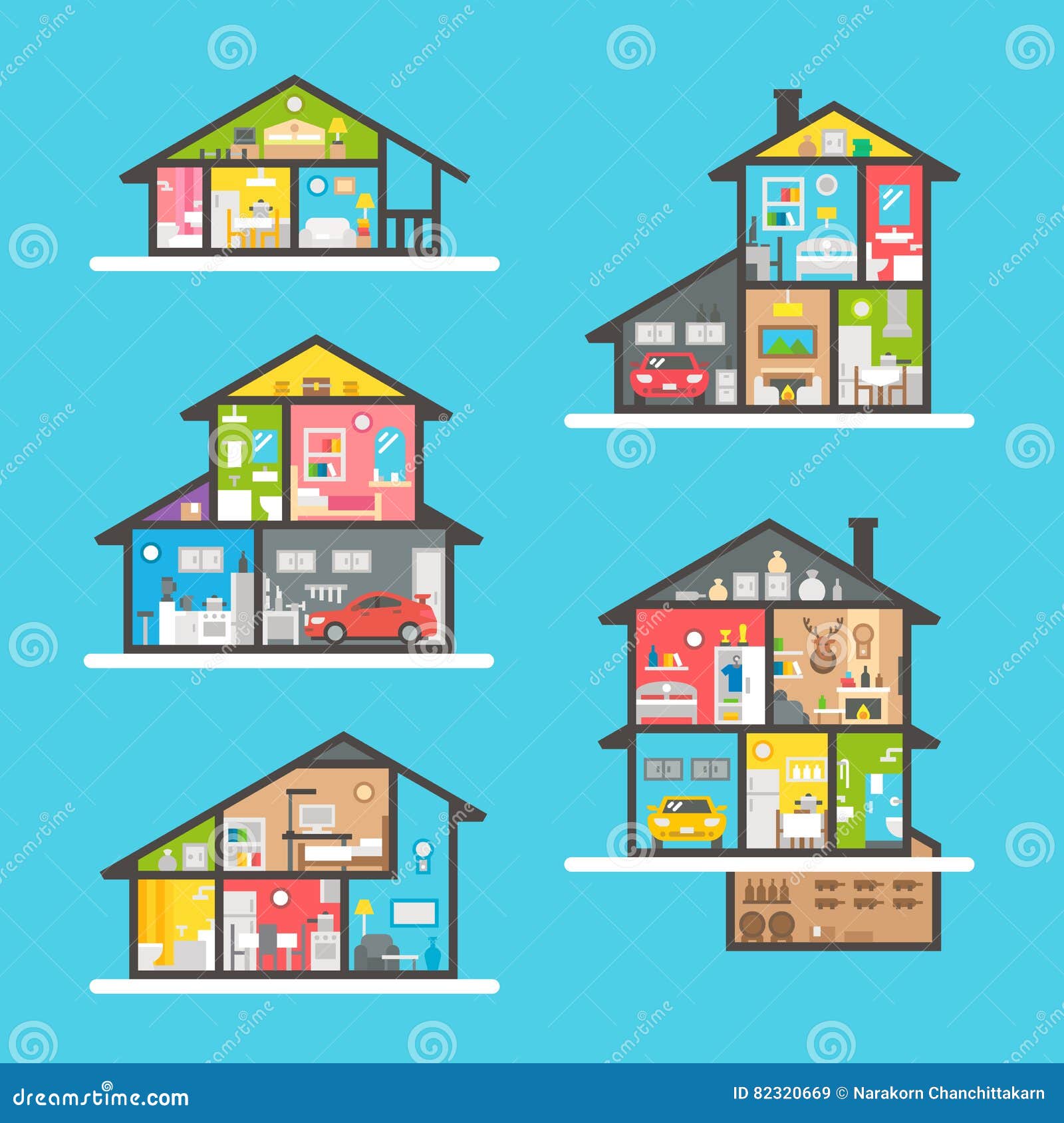 Flat Design House Interior Set Stock Illustration - Illustration of ...
