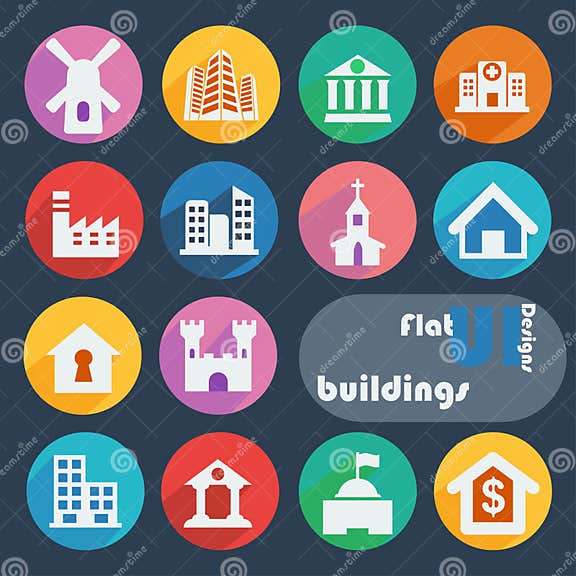 Flat Design Icon Set - Buildings Stock Vector - Illustration of people ...