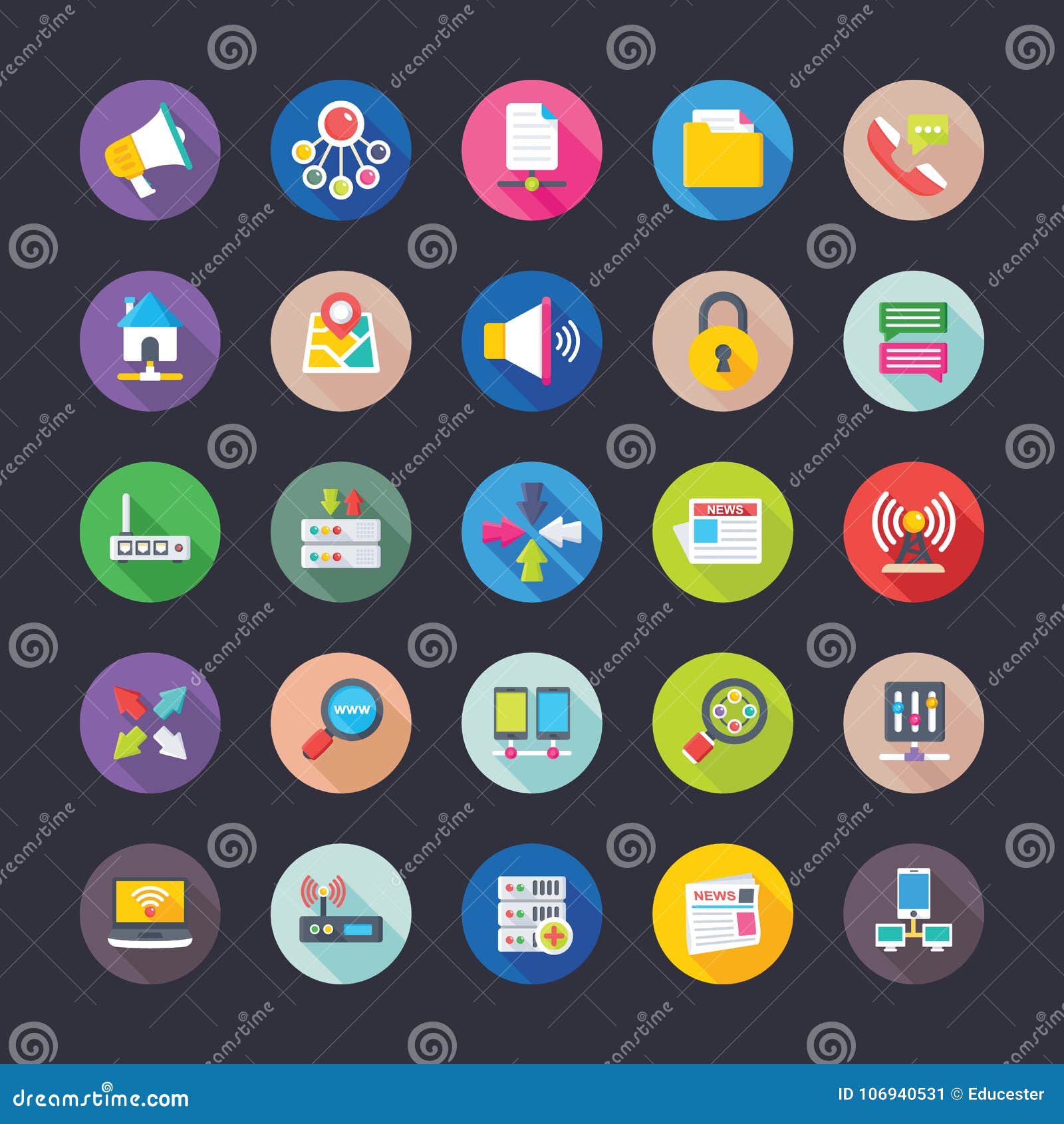 Flat Design Icons of Network, Communications Stock Illustration ...