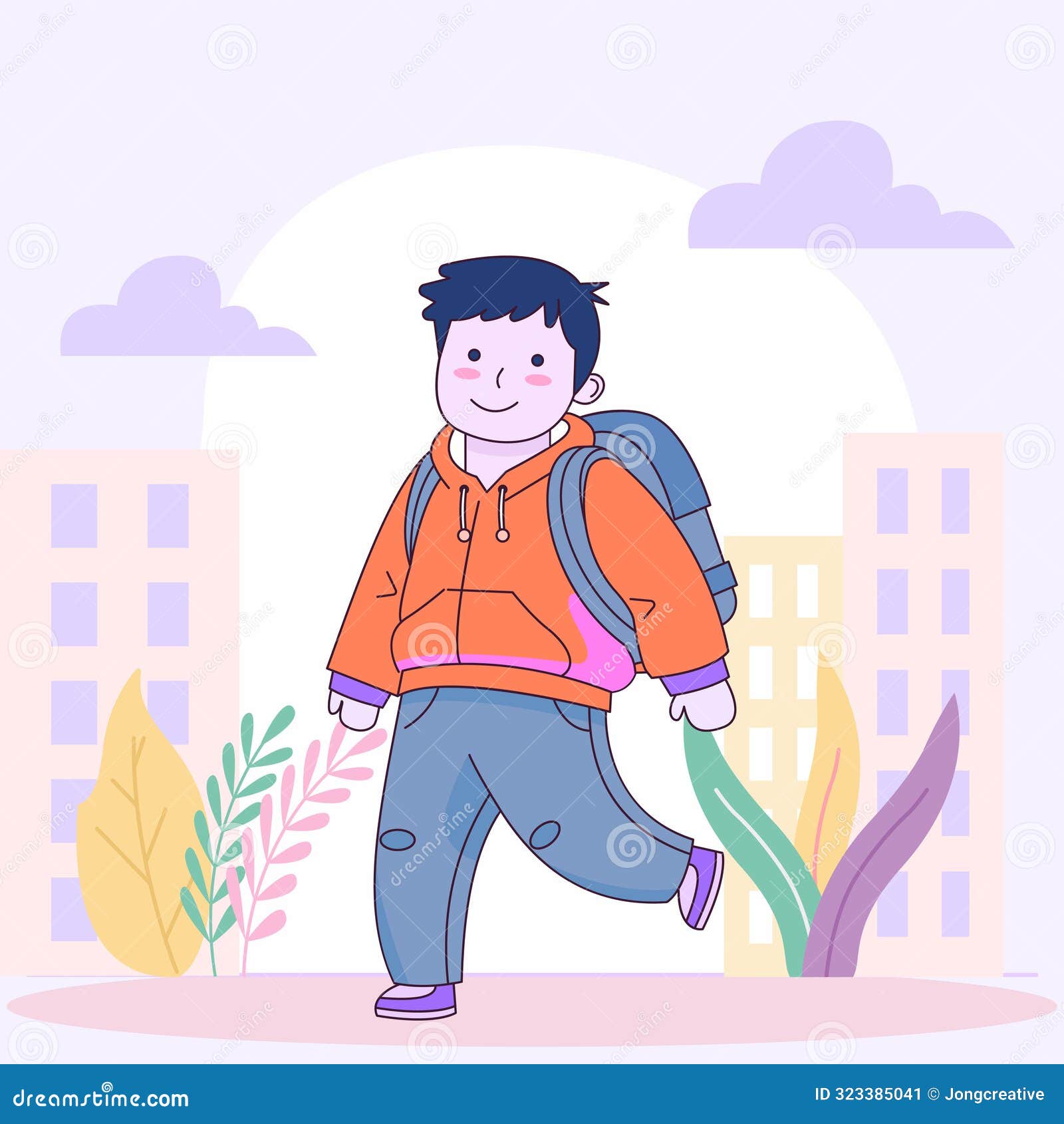 Flat Design Illustration of Cute Boy Character Wearing Backpack with ...
