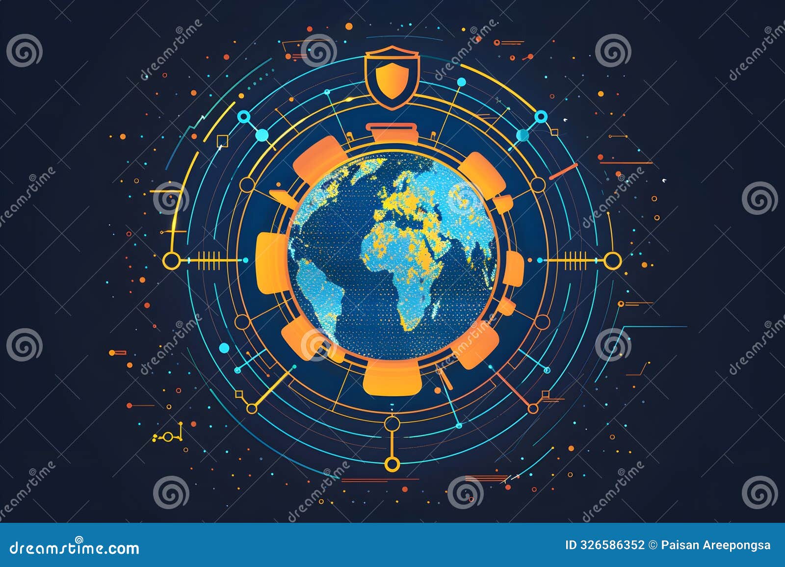 Flat Design Illustration of Globe with Cyber Security and Global ...