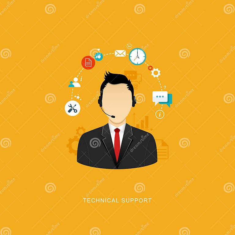 Flat Design Illustration with Icons. Technical Support Assistant Stock ...