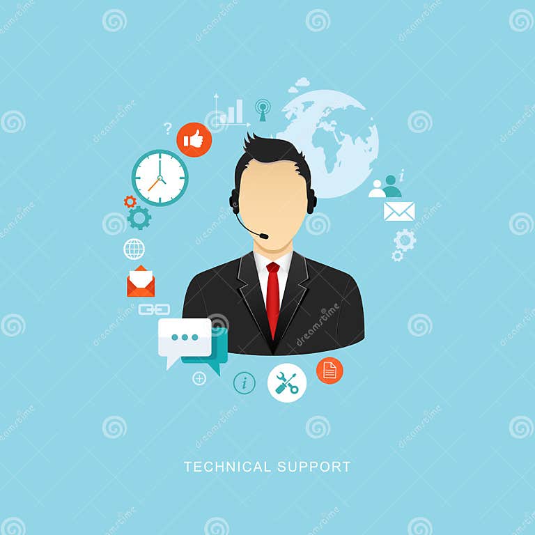 Flat Design Illustration with Icons. Technical Support Assistant Stock ...