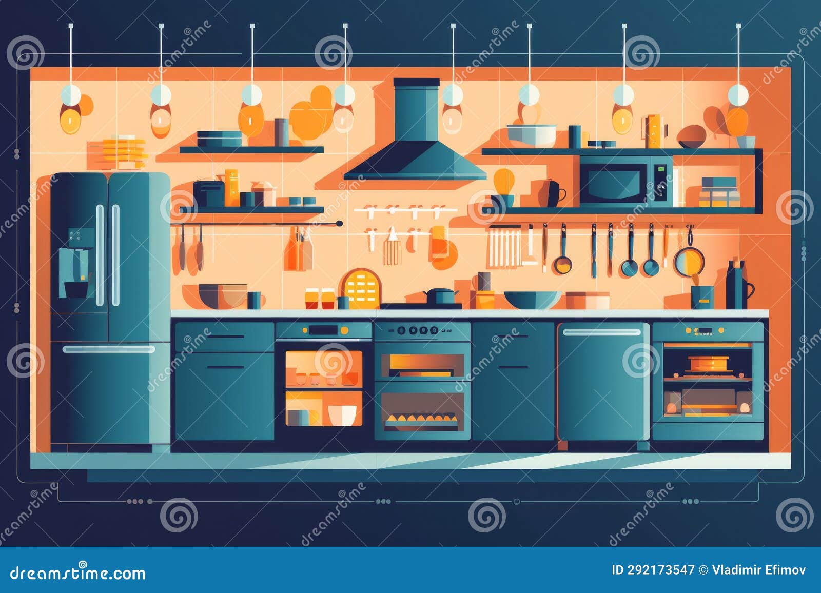 Flat Design Illustration of Kitchen, Adorned with Array of Various ...