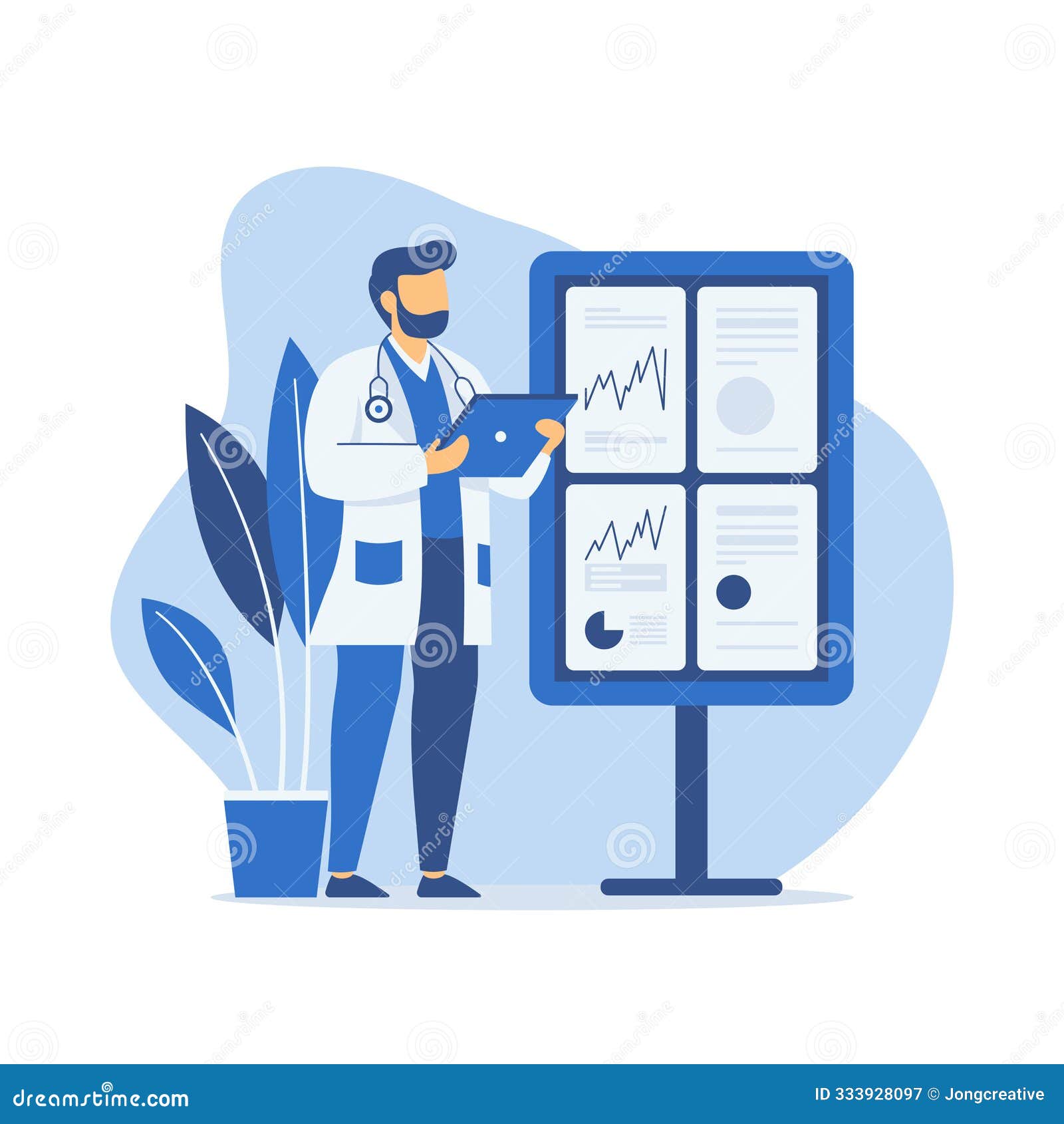 Flat Design Illustration of Male Doctor Analyzing Data with Infographic ...