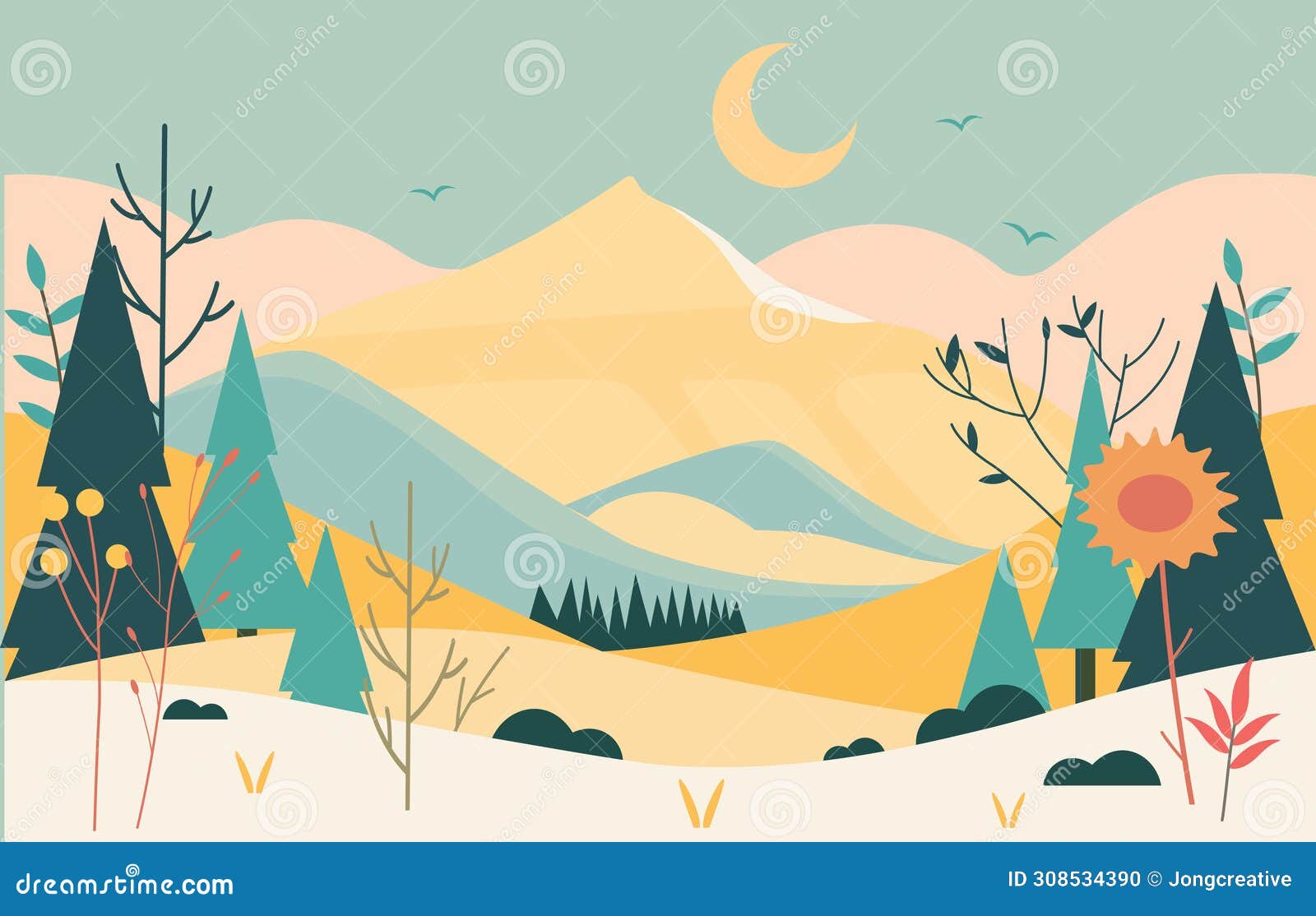 Flat Design Illustration of Mountain Nature Landscape in Spring with ...