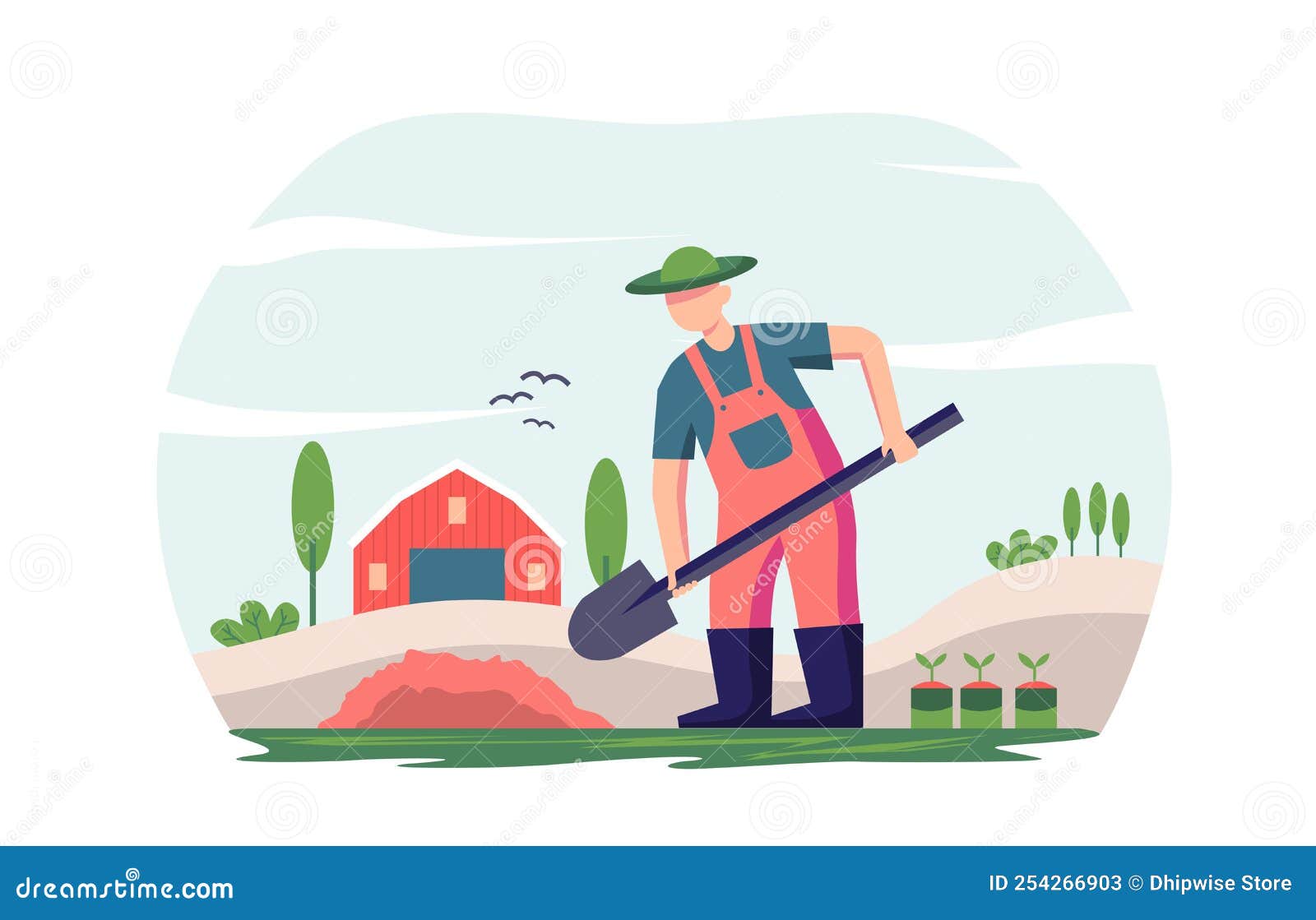 Flat Design Illustration of Red Shirt Farmer and Garden Rural Plant ... Flat Design Illustration of Red Shirt Farmer and Garden Rural Plant ...