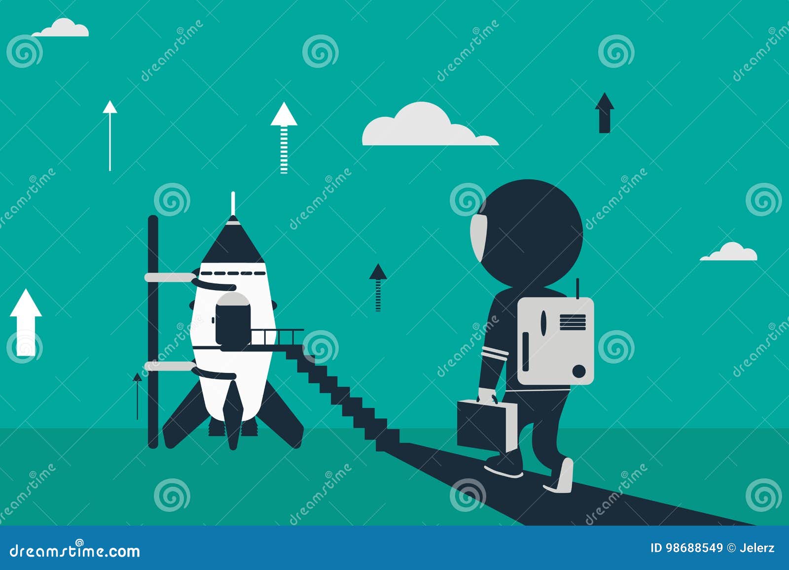 Flat Design Illustration with Rocket and Stick Figures As Astronaut ...