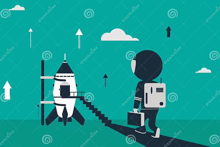 Flat Design Illustration with Rocket and Stick Figures As Astronaut ...