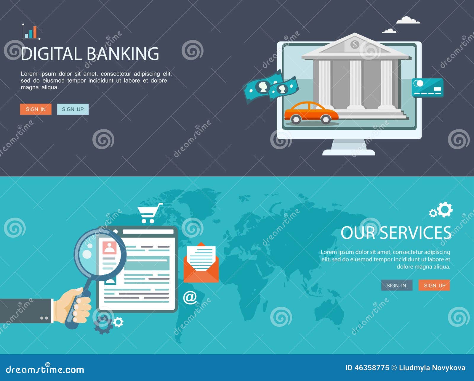Flat Design Illustration Set with Icons and Text.Digital Banking Stock ...