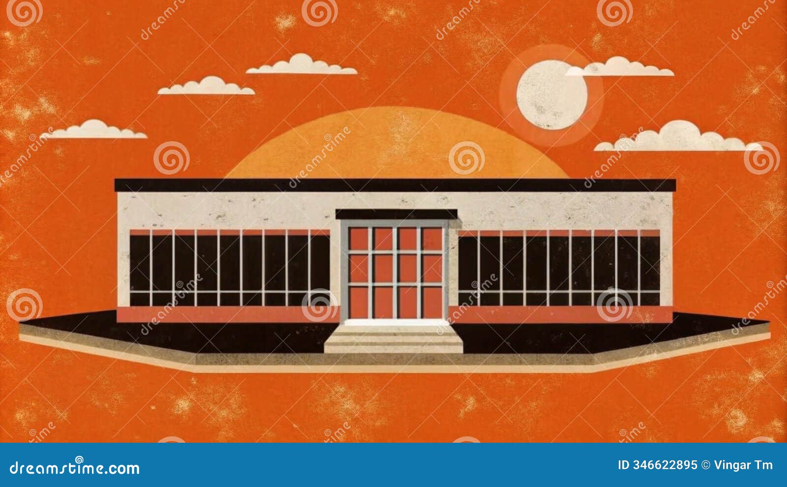 A Flat Design Illustration of a Simple Building with a Sunset in the ...