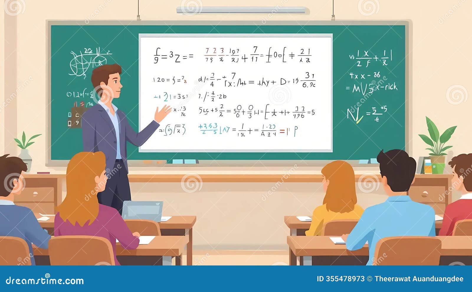 Flat Design Illustration of a Teacher Explaining Math Formulas on a ...