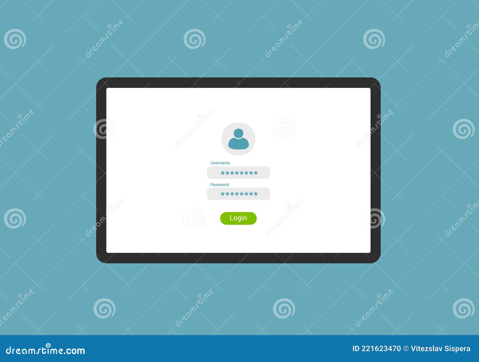Flat Design Illustration of White Touch Screen Tablet. Login Form for ...