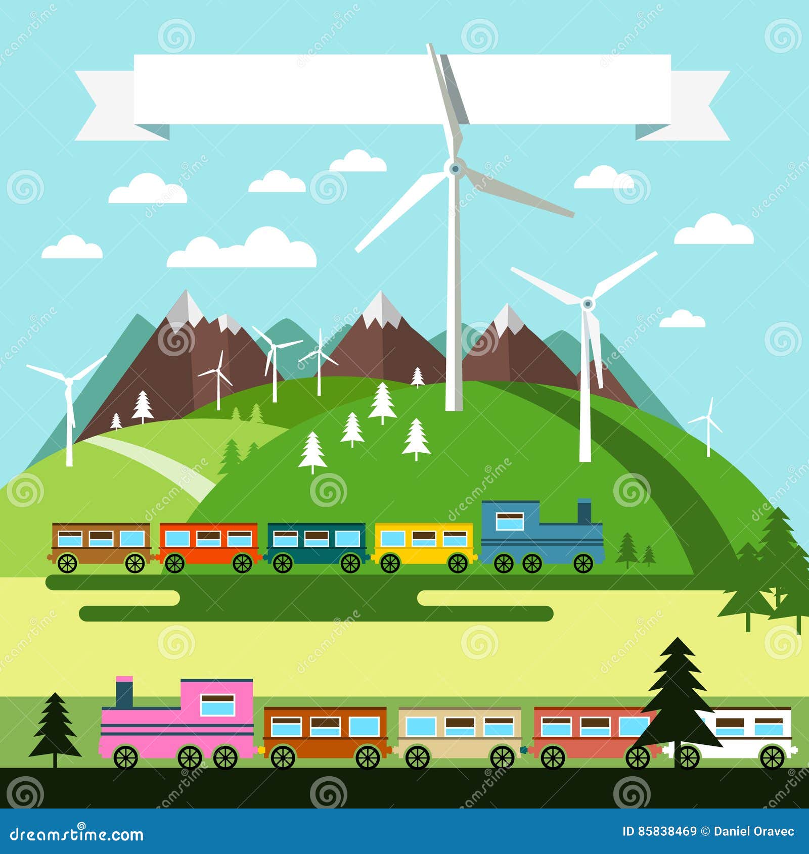 Flat Design Landscape with Trains Stock Vector - Illustration of ...