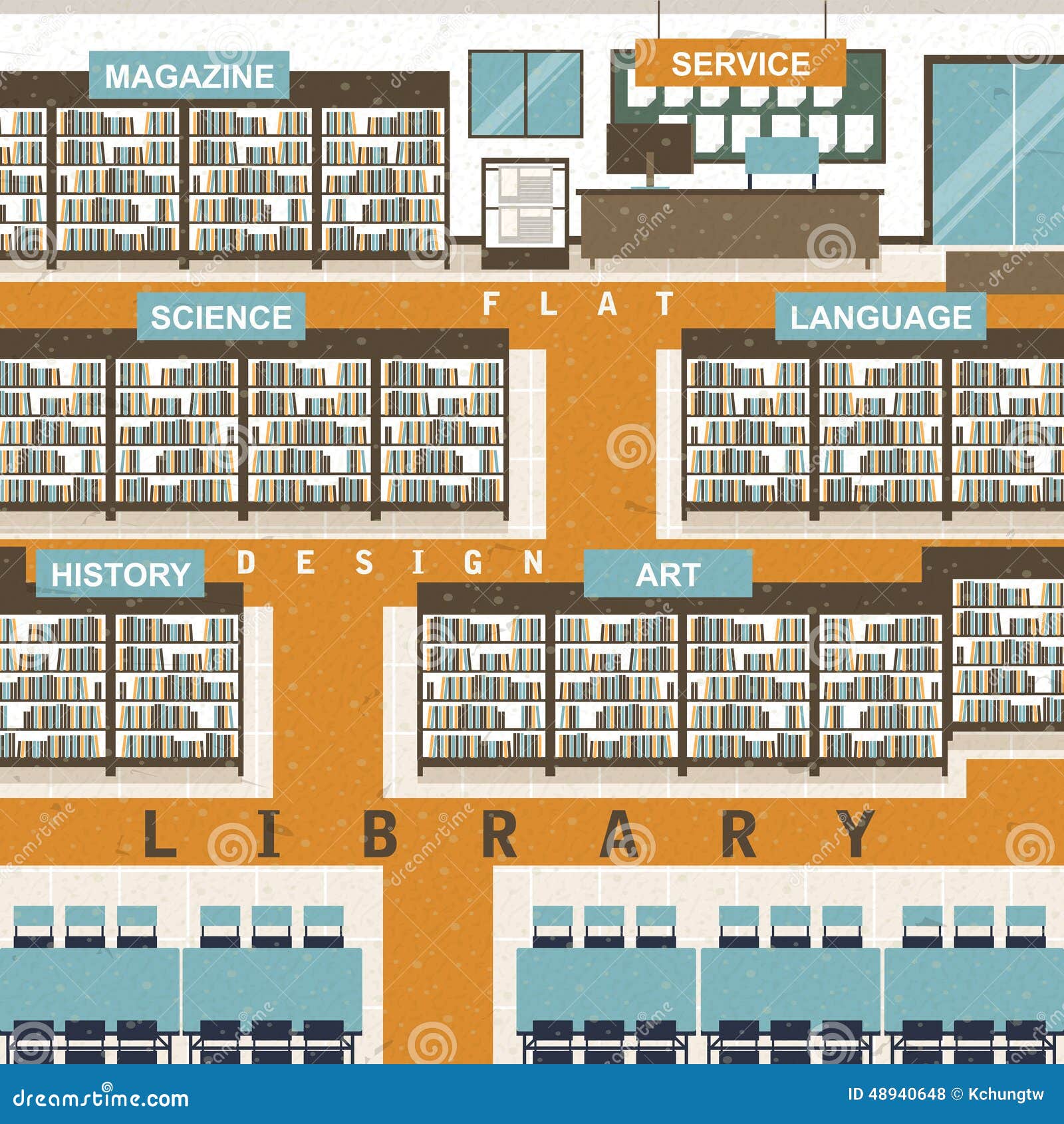 Flat design library scene stock vector. Illustration of bookcase - 48940648
