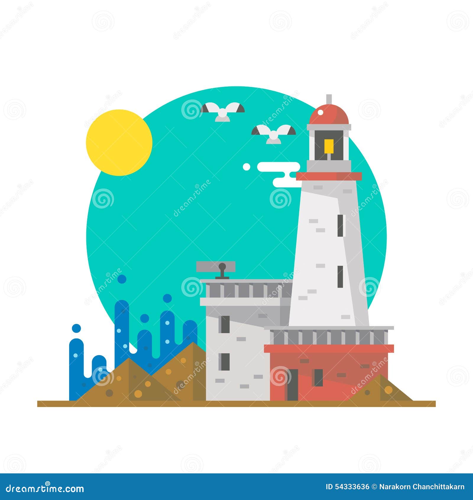 Flat Design of Lighthouse on a Beach Stock Vector - Illustration of ...