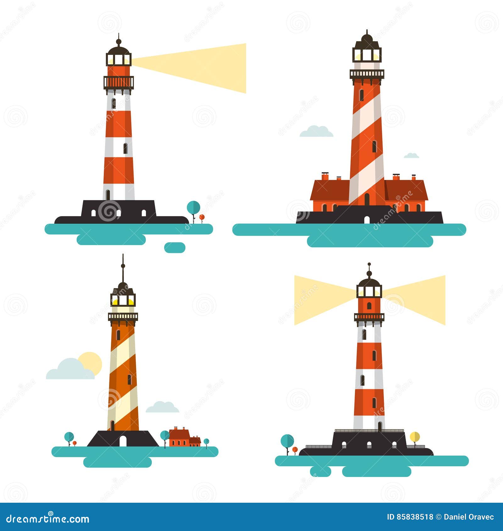Flat Design Lighthouse. Vector Lighthouses Set Stock Vector ...