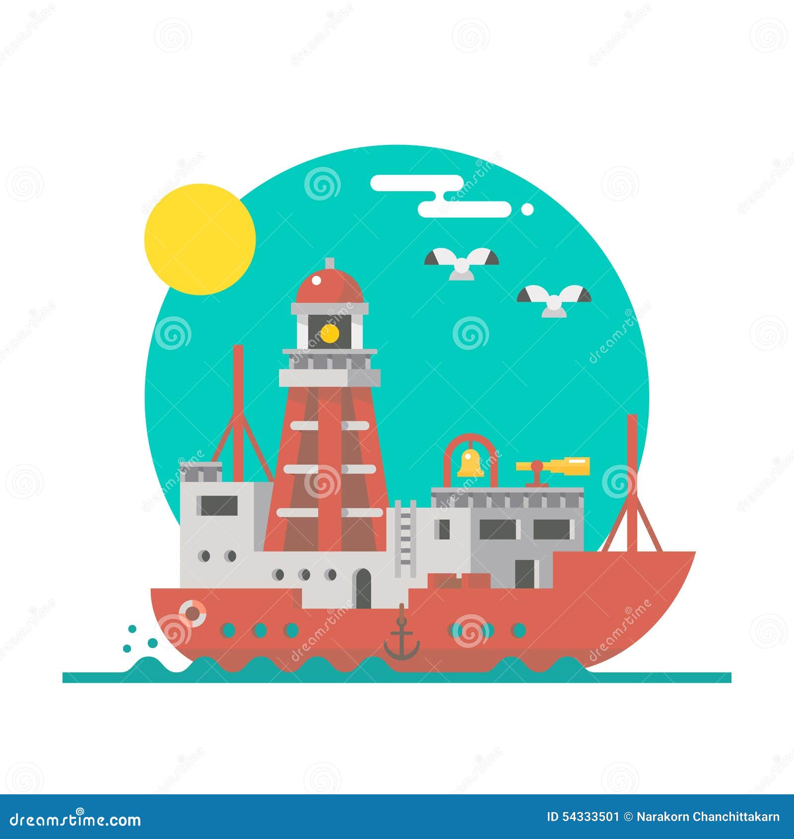 Flat Design of Lightship Sailing Stock Vector - Illustration of vector ...