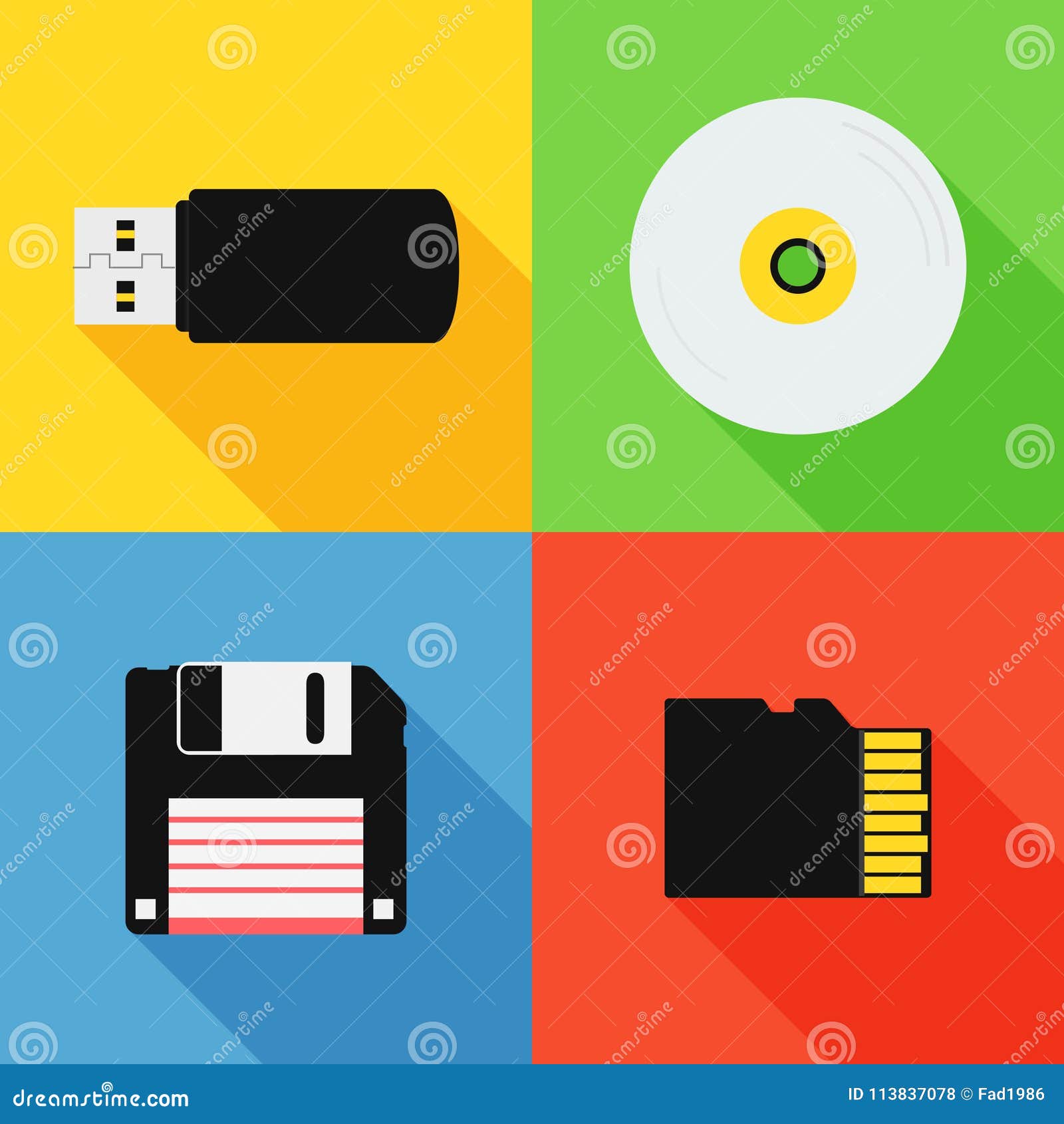 Flat Design Long Shadow Styled Modern Vector Icon Set of Data Storage ...