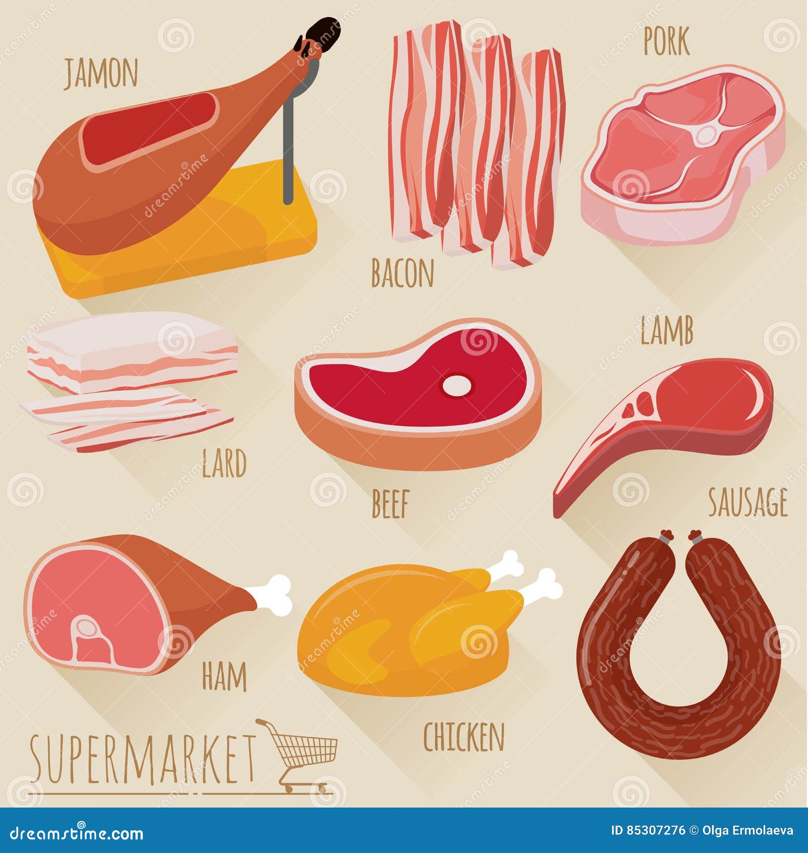 Flat design meat icons stock vector. Illustration of dinner - 85307276