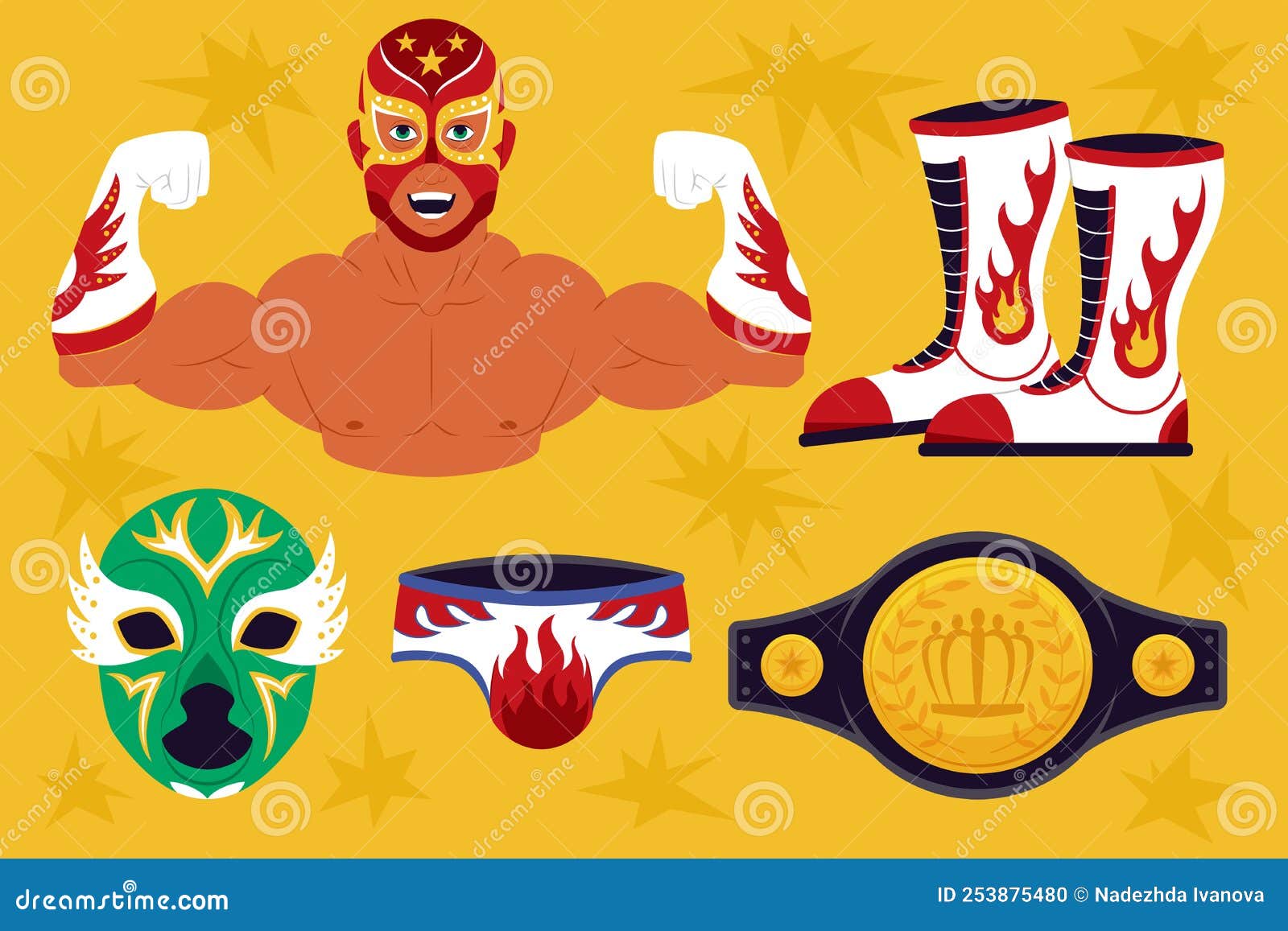 Flat Design Mexican Wrestler Element Set Vector Illustration. Stock Vector - Illustration of ...