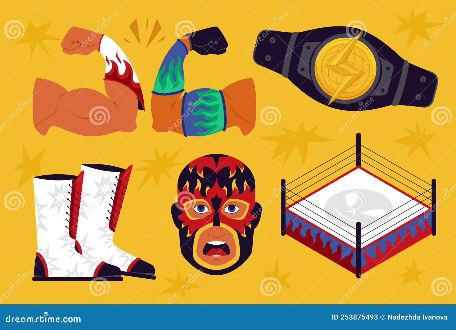 Flat Design Mexican Wrestler Element Set Vector Illustration. Stock Vector - Illustration of ...