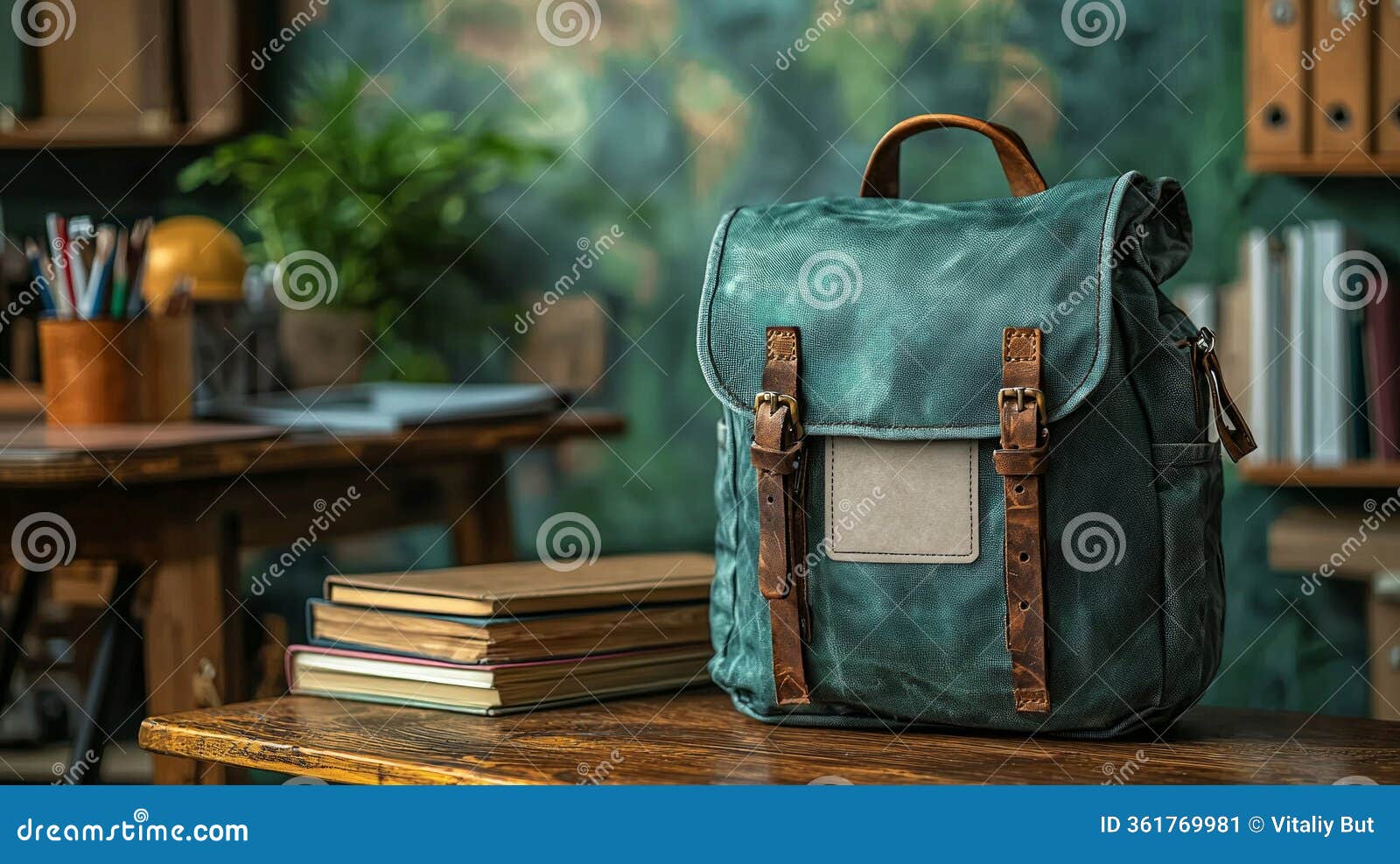 Flat Design Mockup Showcases School Backpack on Classroom Desk Stock ...