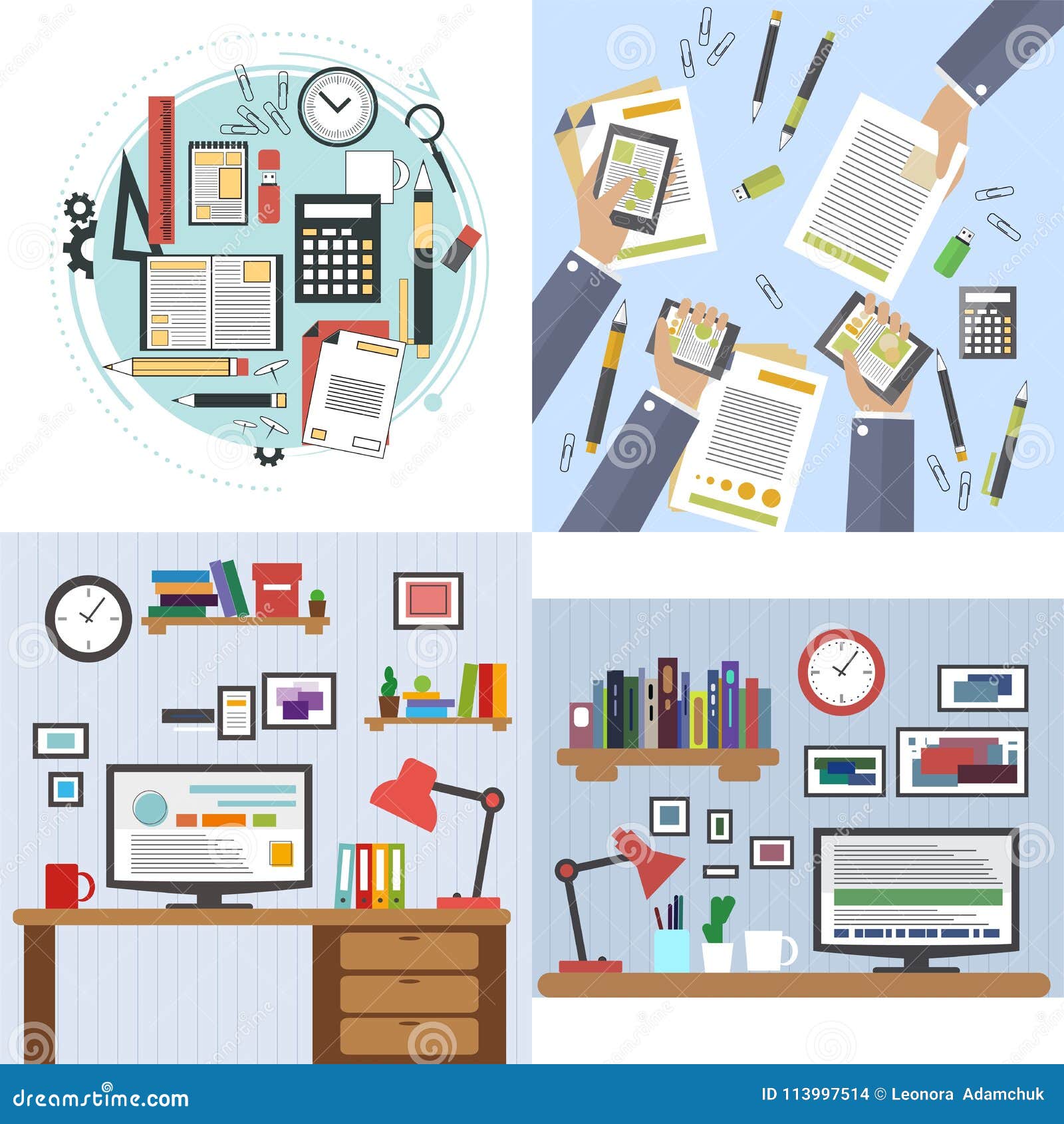 Flat Design of Modern Office Interior with Designer Desktop Showing ...