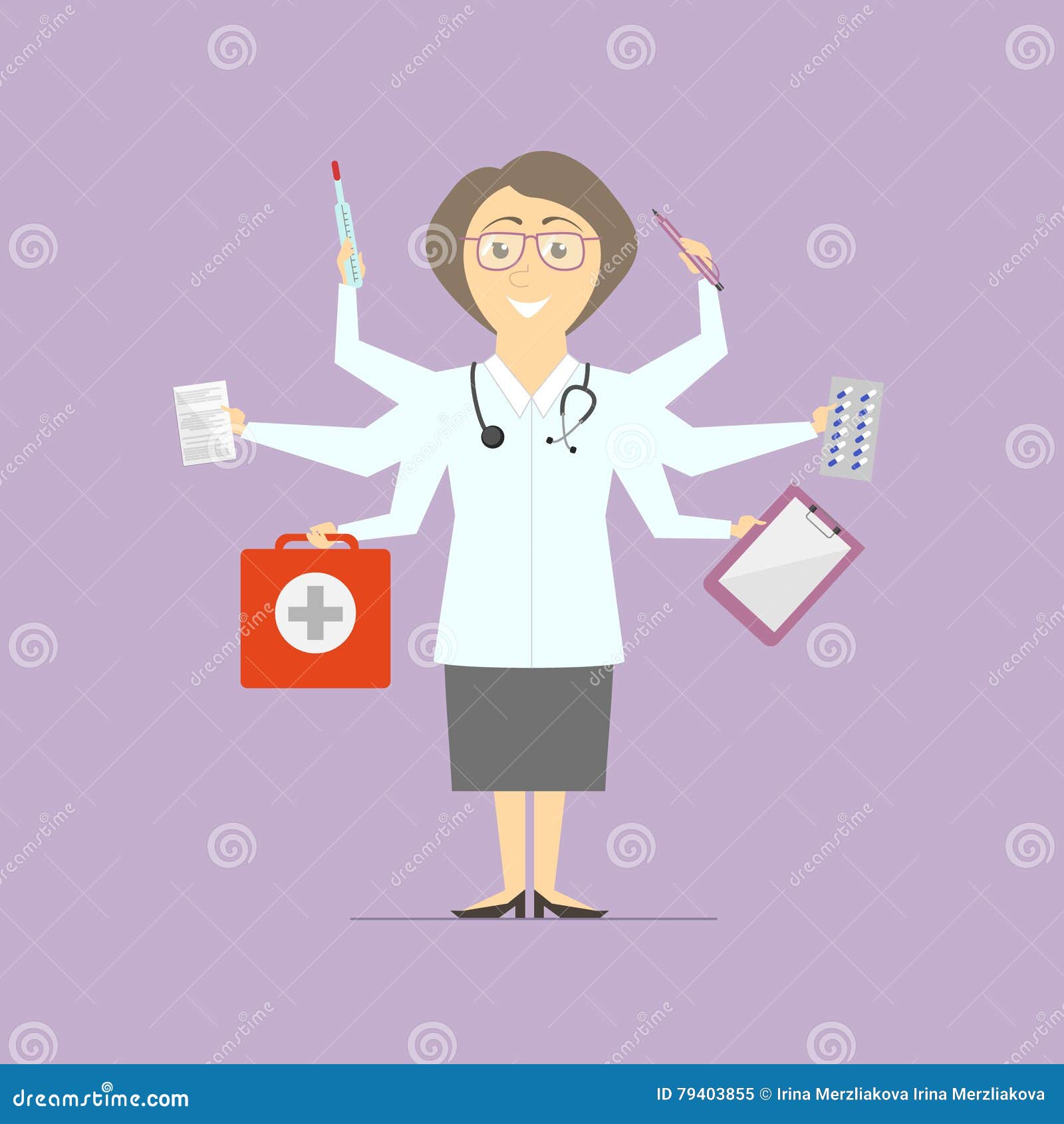 Flat Design Multitasking Woman Doctor. Stock Illustration ...