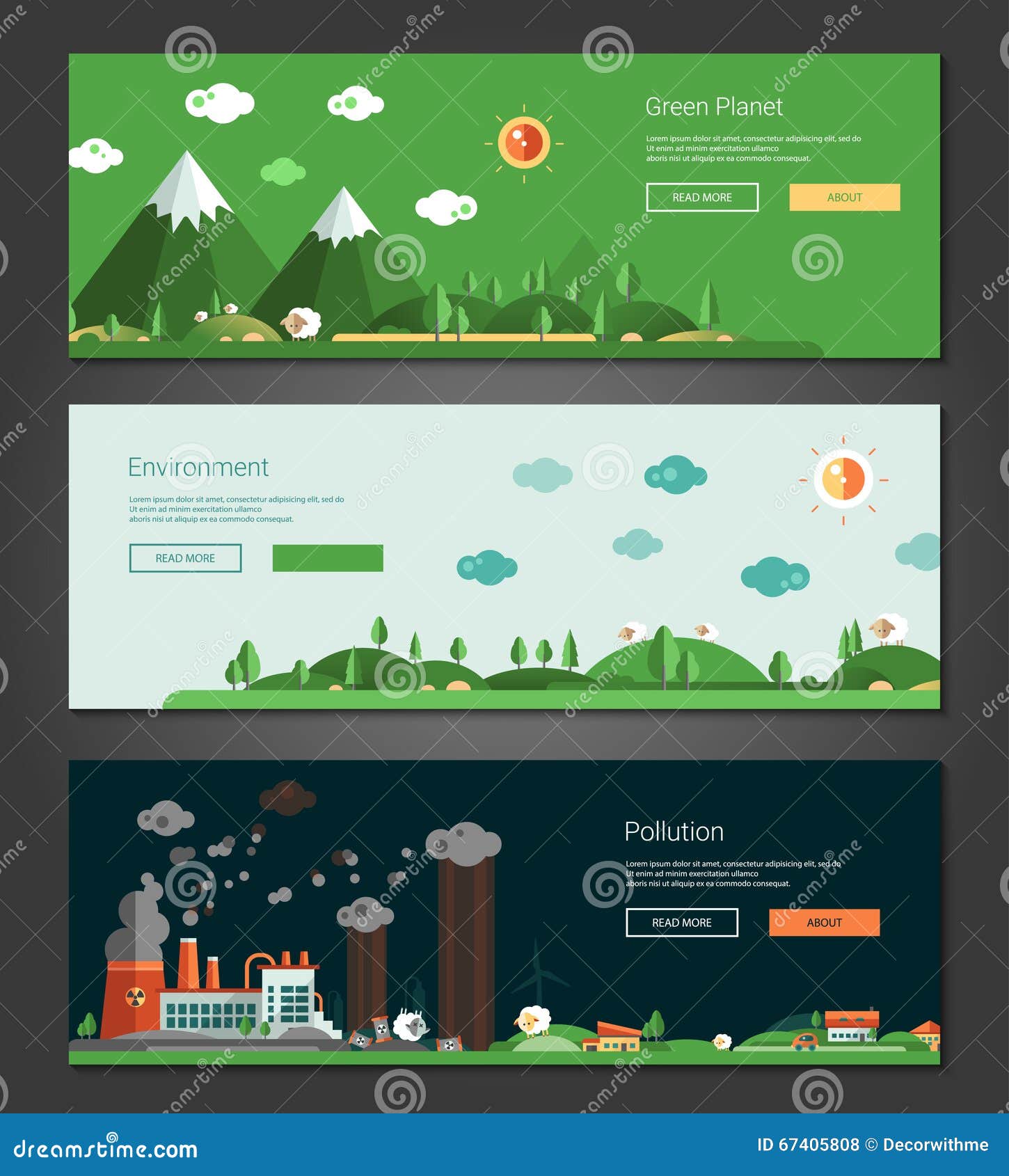 Flat Design Natural and Ecological Landscapes Banners Set Stock Vector ...