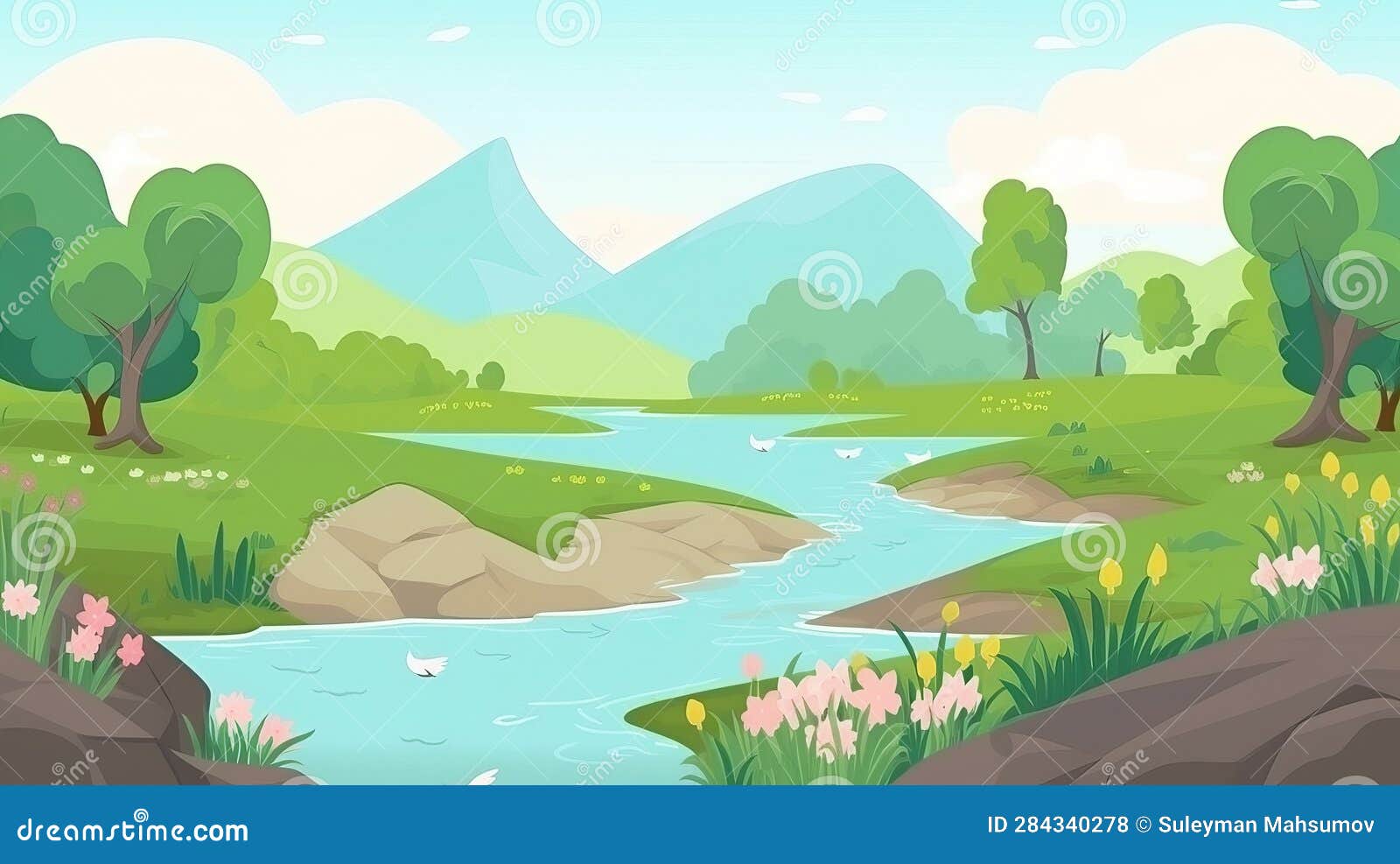 Flat Design of Natural Spring Landscape Background Illustration Stock ...