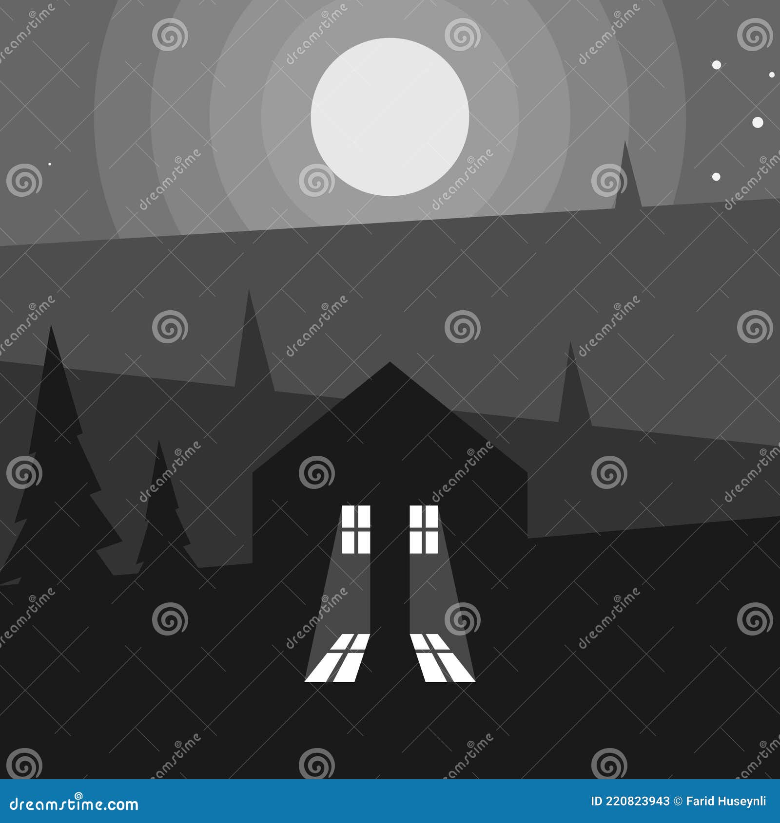 Flat Design Night Landscape with Moon, Trees, Home Vector Illustration ...