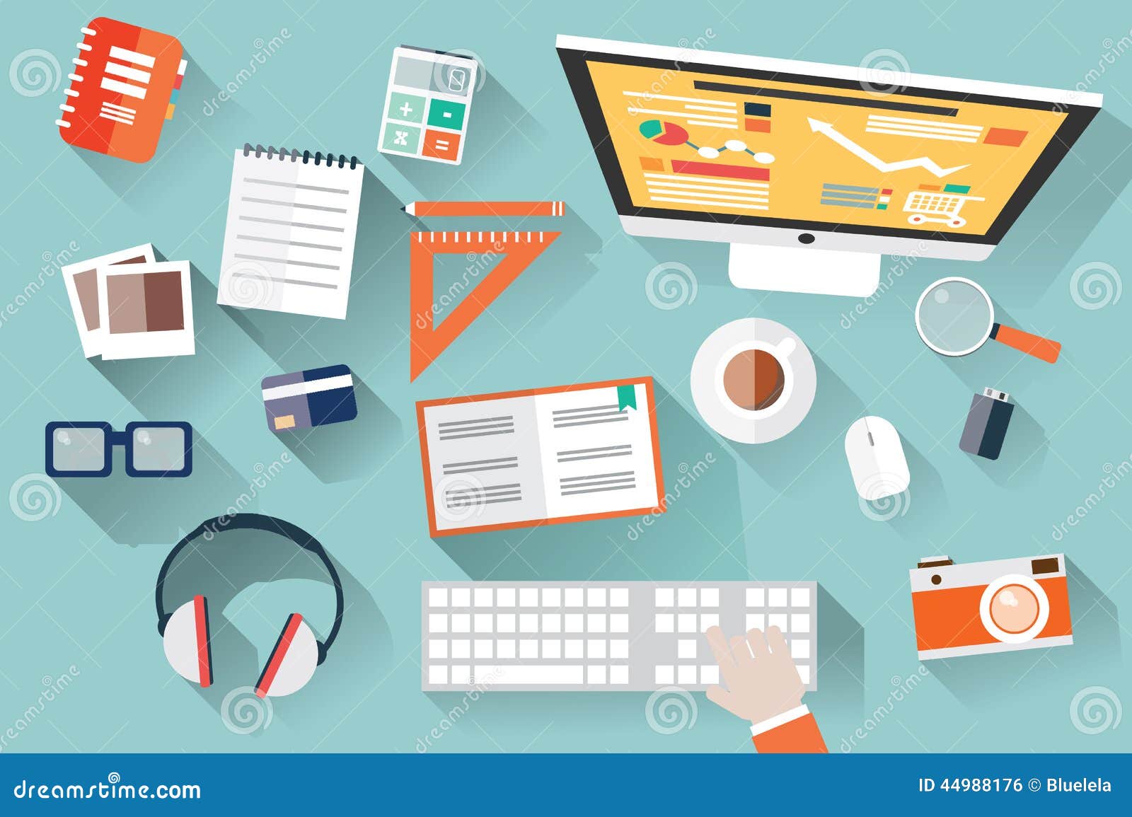 Flat Design Objects, Work Desk, Long Shadow, Office Desk, Computer and ...