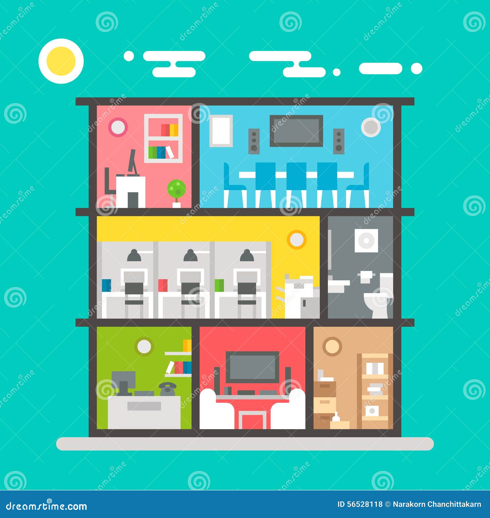 Flat Design of Office Interior Stock Vector - Illustration of modern ...