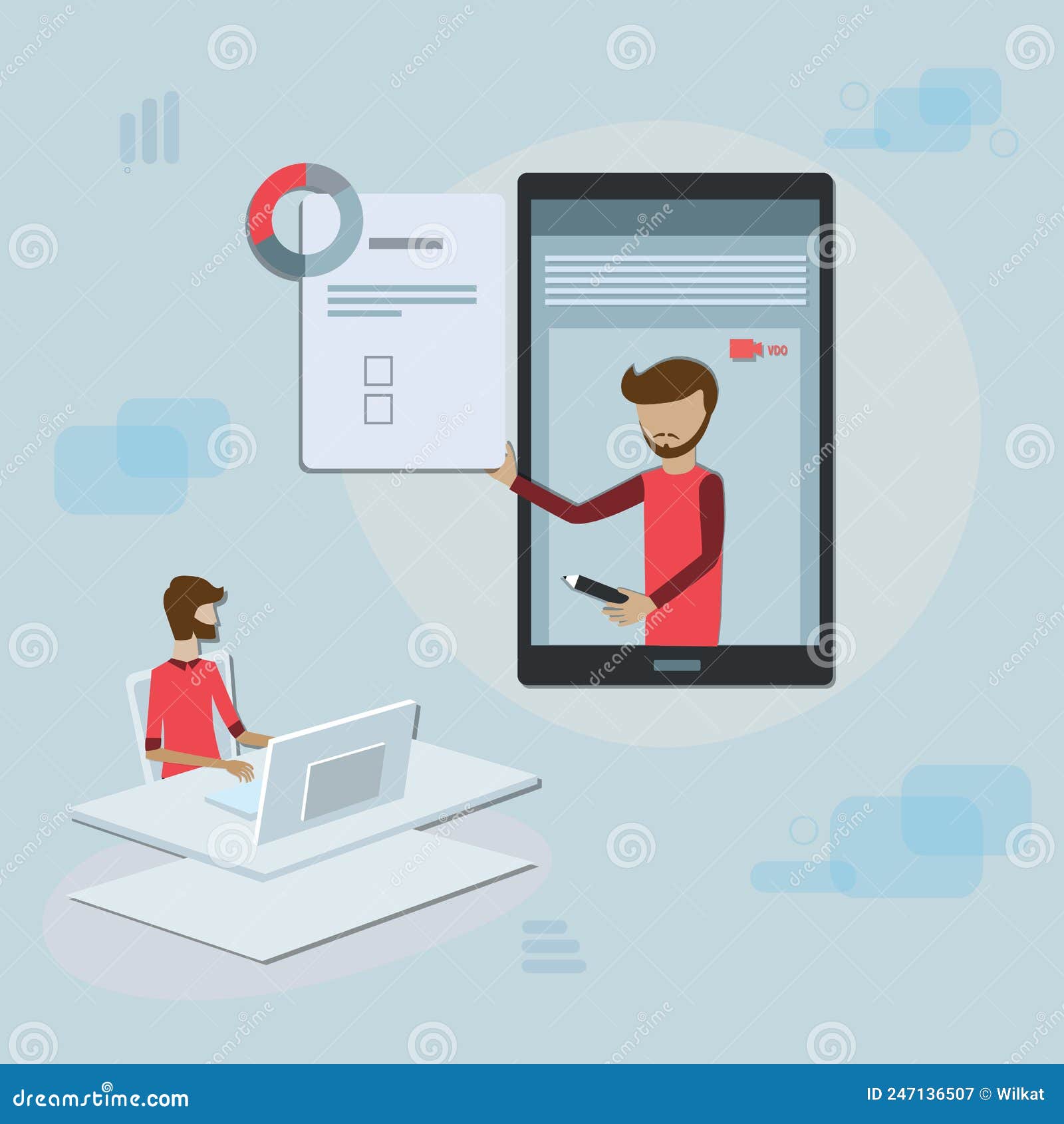 Flat Design of Online Technology, Young Man Learning from Video Online ...