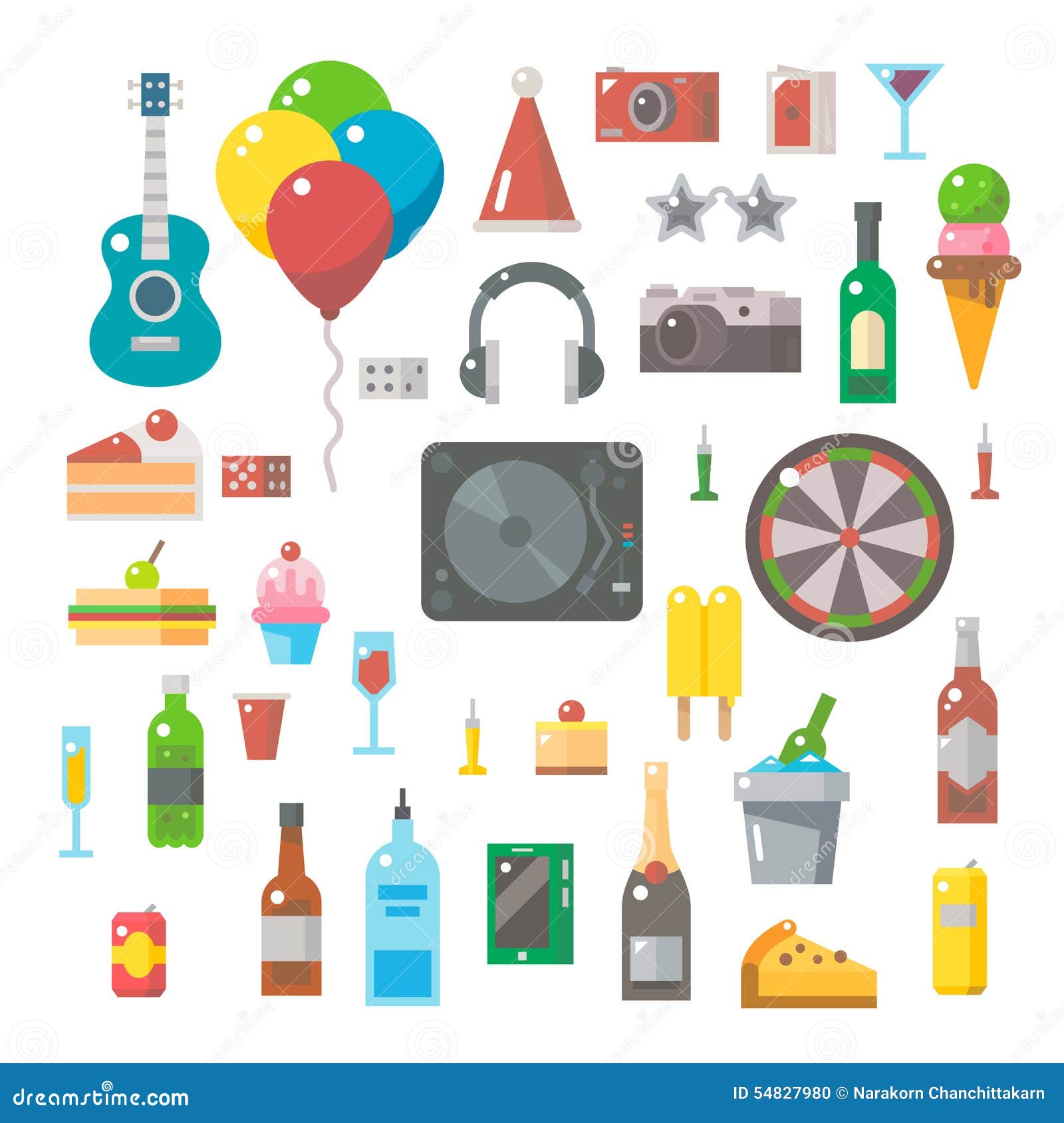 Flat Design of Party Items Set Stock Vector - Illustration of champagne ...