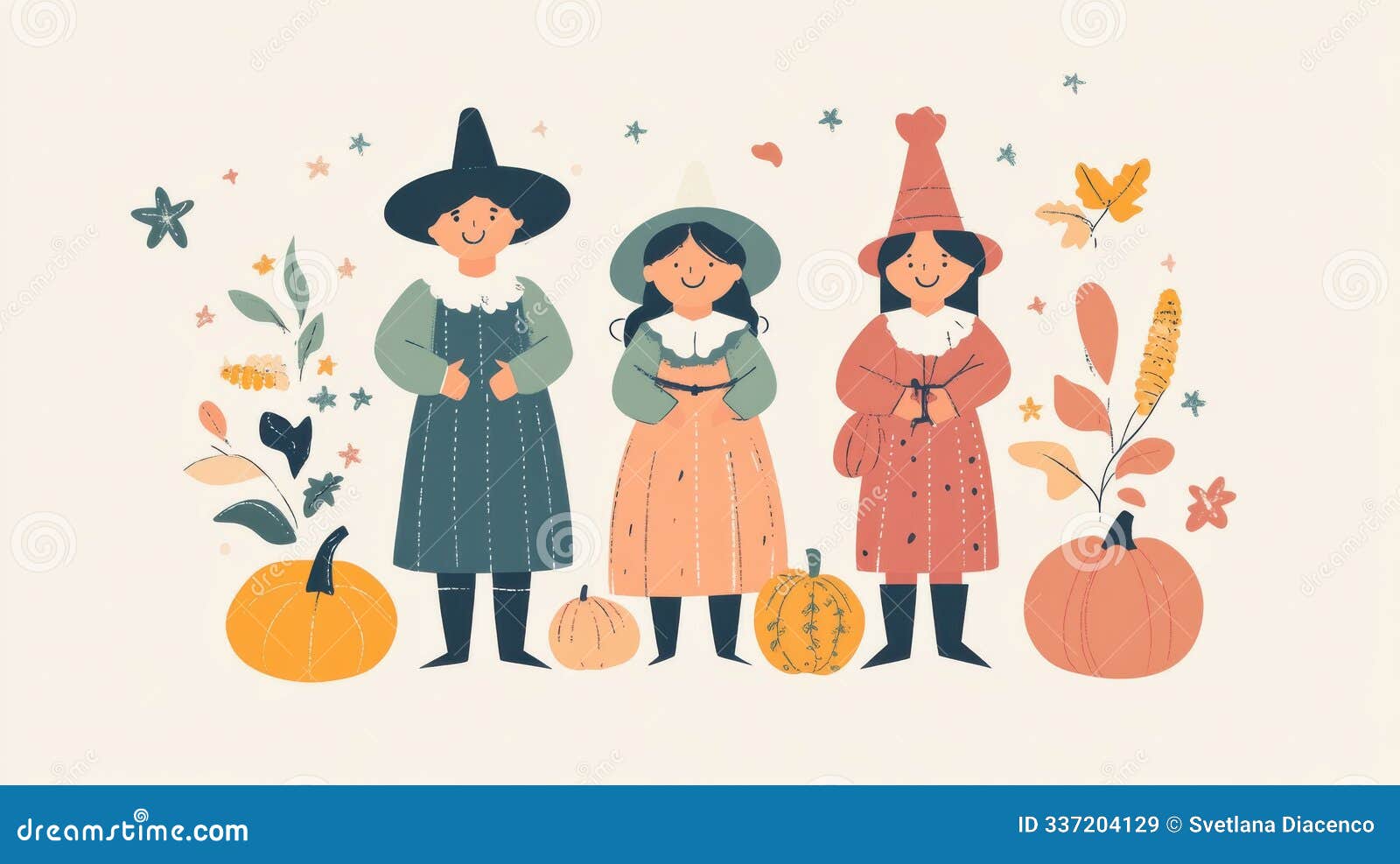 Flat Design of Pilgrim Characters in Traditional Attire, Surrounded by ...